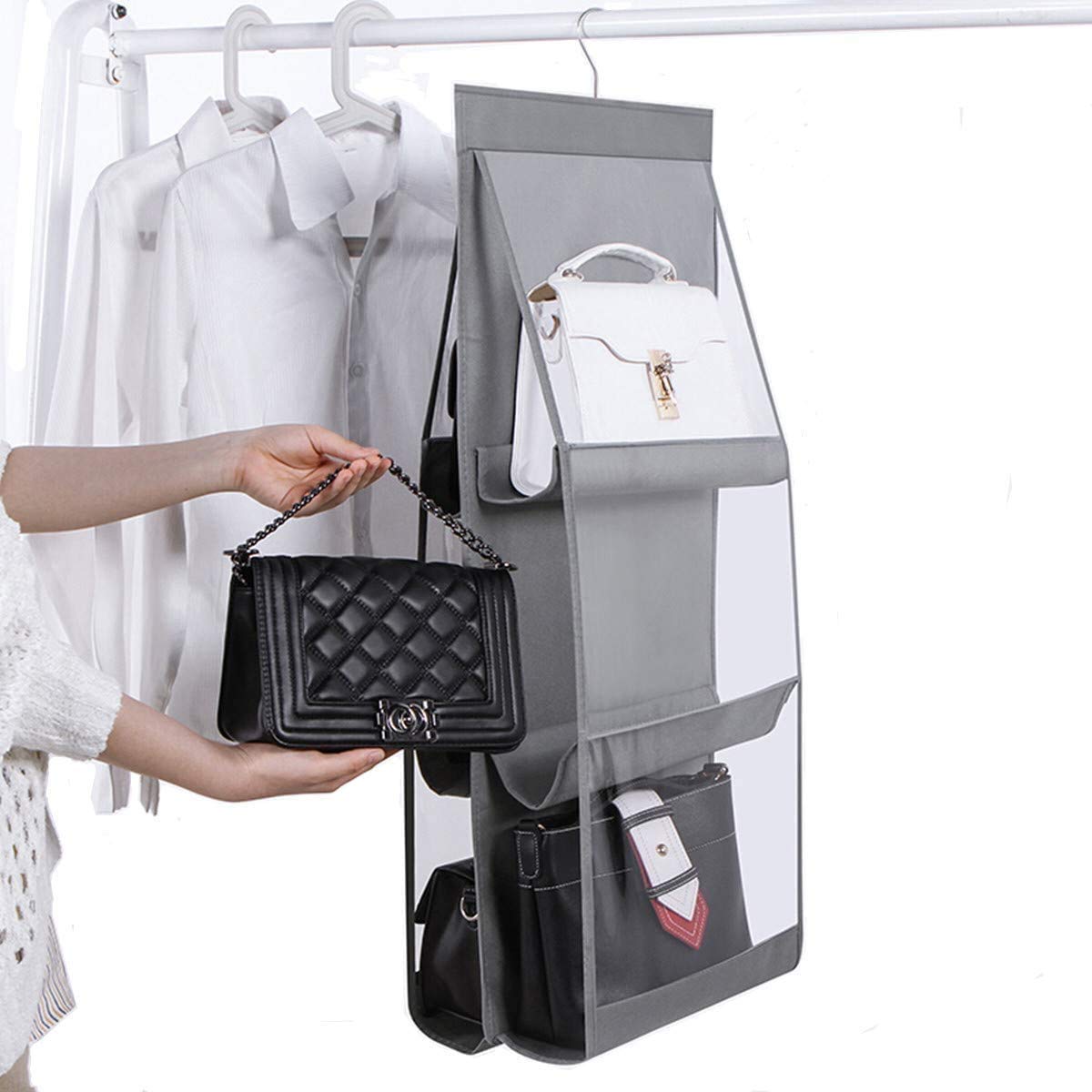 ThunderStar Hanging Closet Organizer Dust-Proof Storage Wardrobe Handbag Holder, Dual-Sided 6 Clear See-Through Pockets