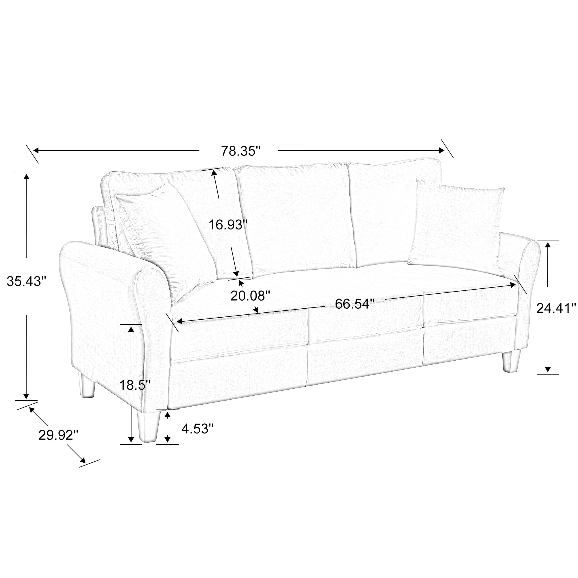 HUAYICUN Living Room Sofa Modern Sofa with 2 Pillow, 78 Inch Width Velvet Sofa, 3 Seater Sofa with Plastic Legs for Bedroom, Office (Black)