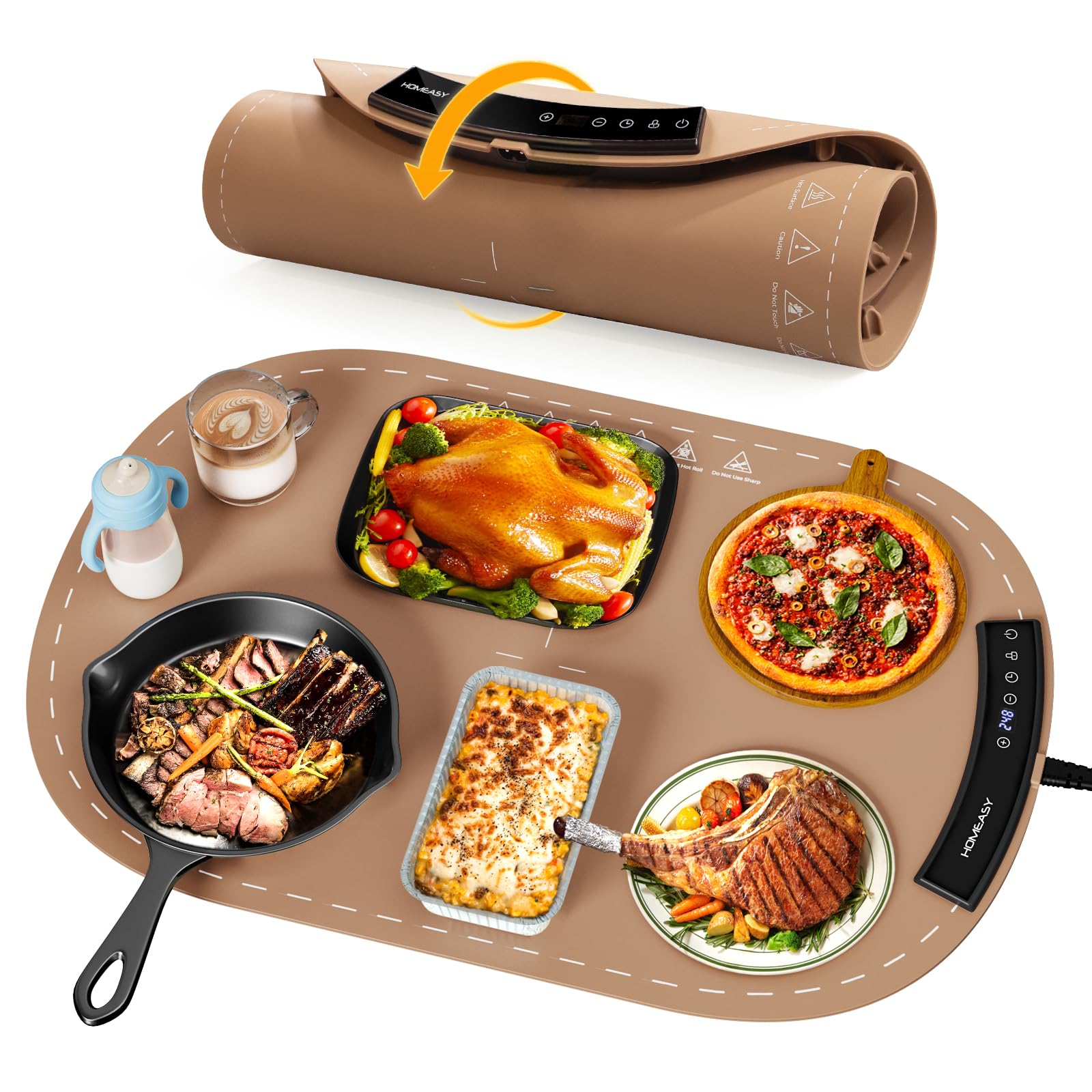 Food Warming Mat, Electric Warming Trays for Food Countertop Buffet, Food Warmers for Parties Food Heating Mat with 9 Temperature Setting & 7.2ft Cable & Foldable (Brown)