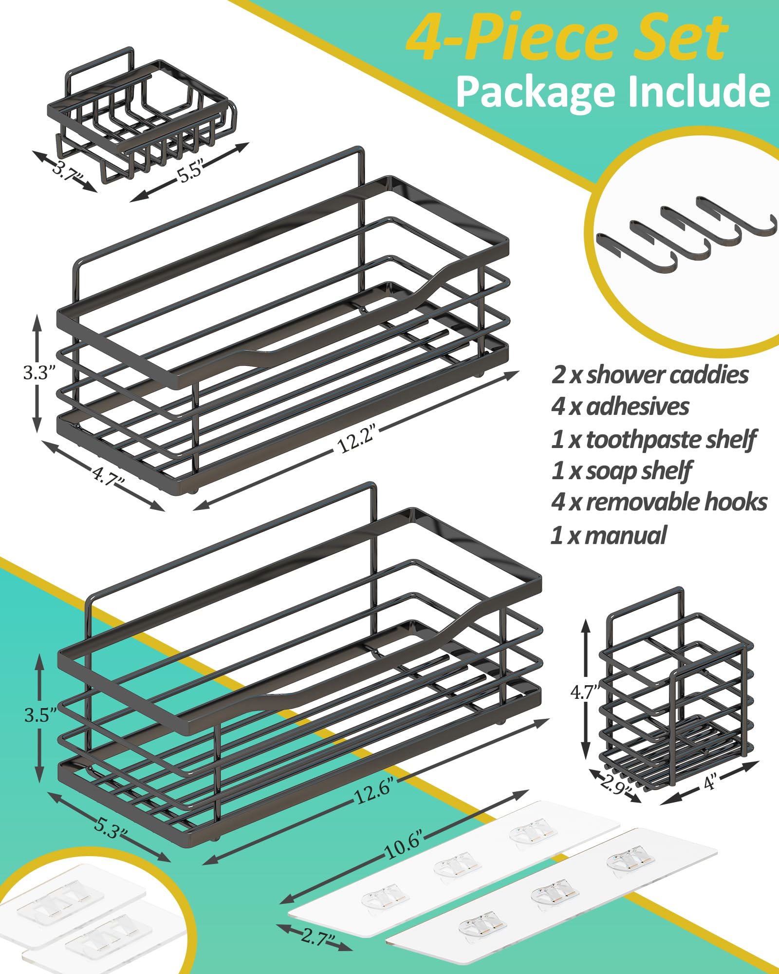 BOROY Bathroom Organizer, 4 Pack No Drilling Shower Caddy with Hooks, Wall Mout Rustproof Stainless Steel Storage Basket for Shower Room, Dorm and Kitchen