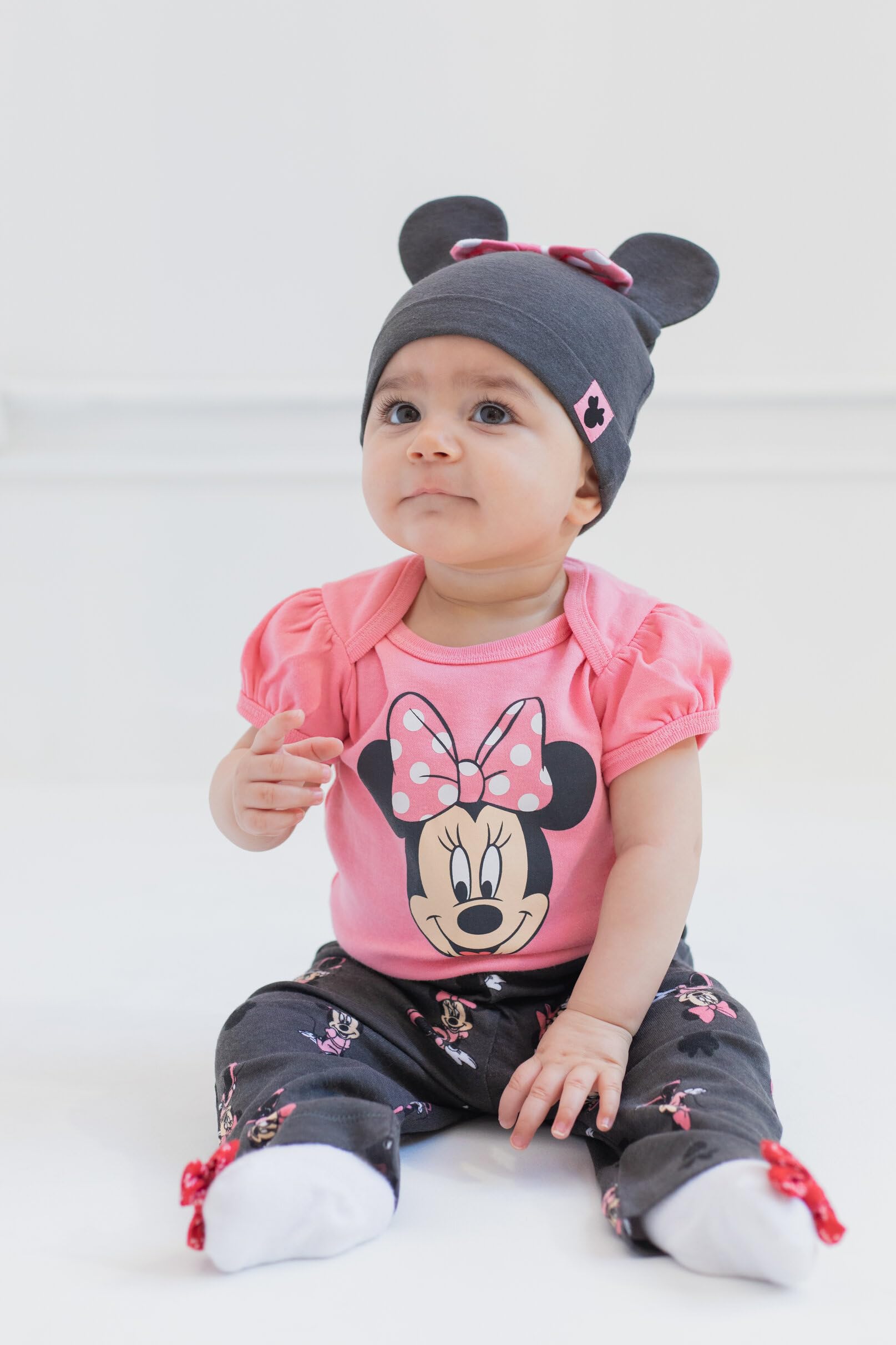 Disney Minnie Mouse Newborn Baby Girls Bodysuit Pants and Hat 3 Piece Outfit Set 3-6 Months