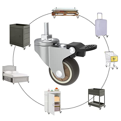 OK5STAR 1.5" Mini Caster Wheels with Brakes, 1/4"-20x1" Threaded Stem Low Profile TPR Castors Quiet Rolling for Small Cart Trolley Dolly Workbench Furniture Set of 4(fit 6mm to 6.35mm)