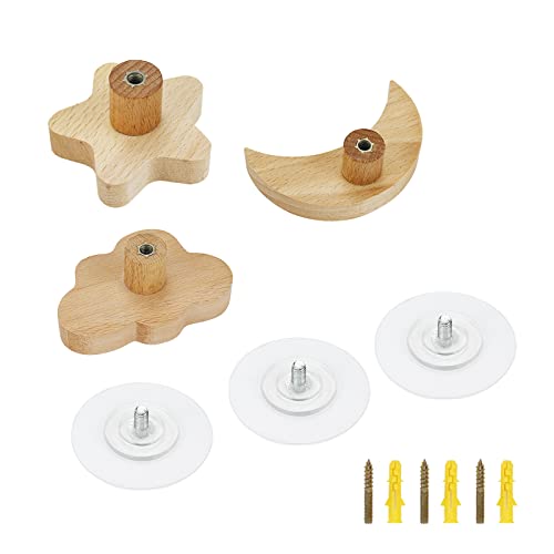 KUMGROT 6pcs Coat Hooks Wall Mounted Wood Wall Hooks Decorative Cute Hooks for Living Room Bedroom Hanging Clothes Hats Towels Purse 2 Moons 2 Stars 2 Cloud