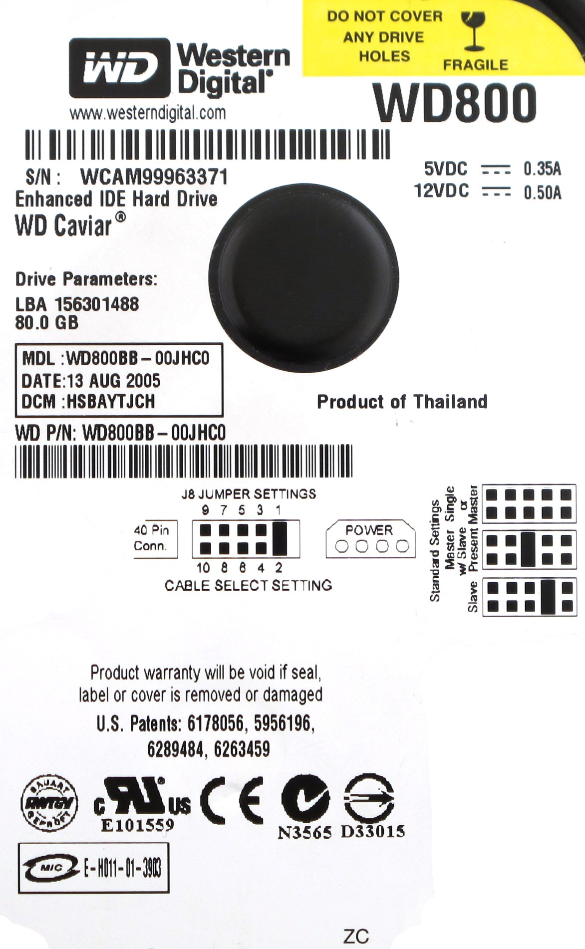 Western Digital 80GB Hard Drive HDD 3.5 in 7200RPM IDE PATA WD800 WD800BB-00JHC0