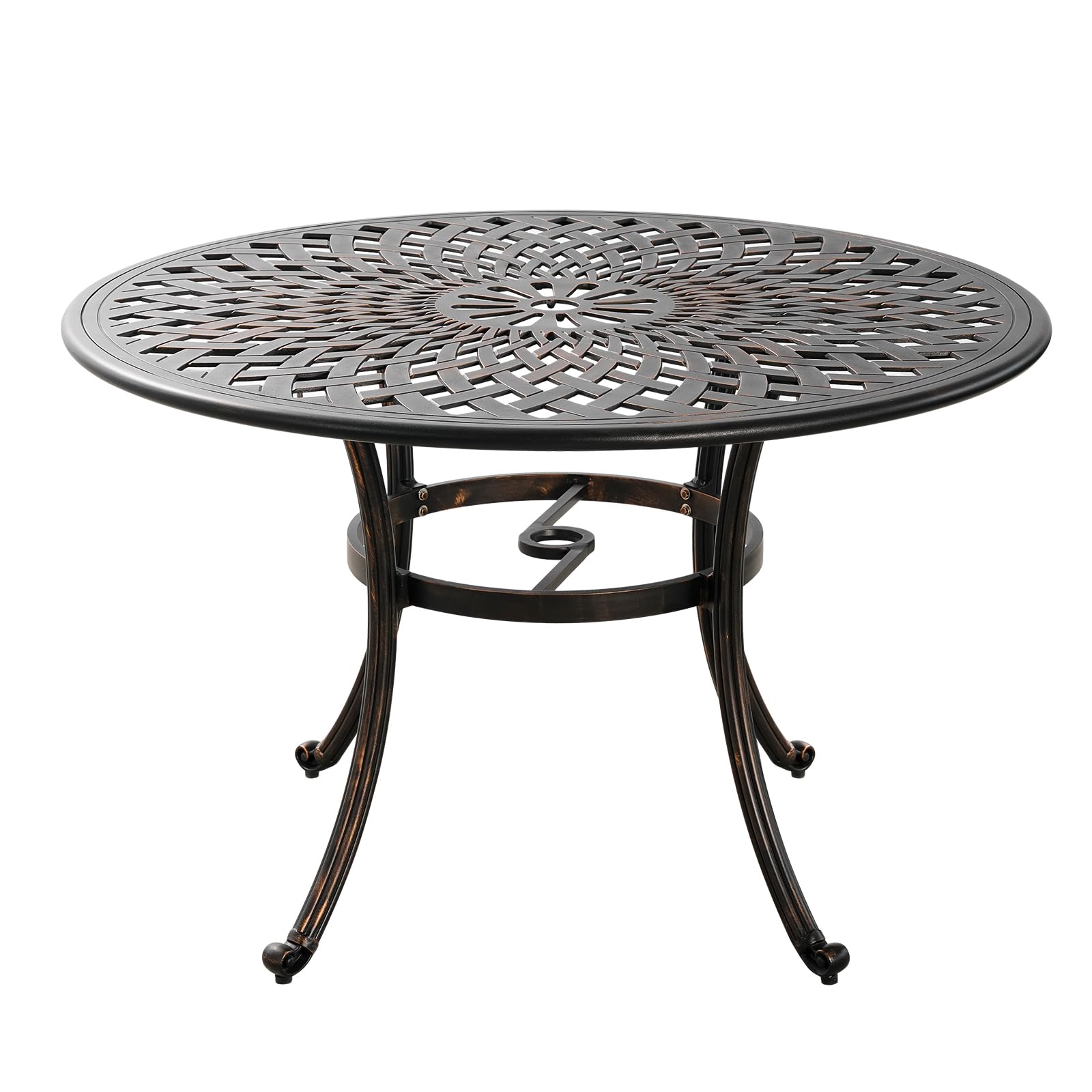PATIO-IN 48" Patio Table Outdoor Dining Table Round Patio Bistro Table Cast Aluminum Bistro Table with Umbrella Hole,Patio Dining Table Outdoor Furniture Garden Table for 4-6 People,Bronze