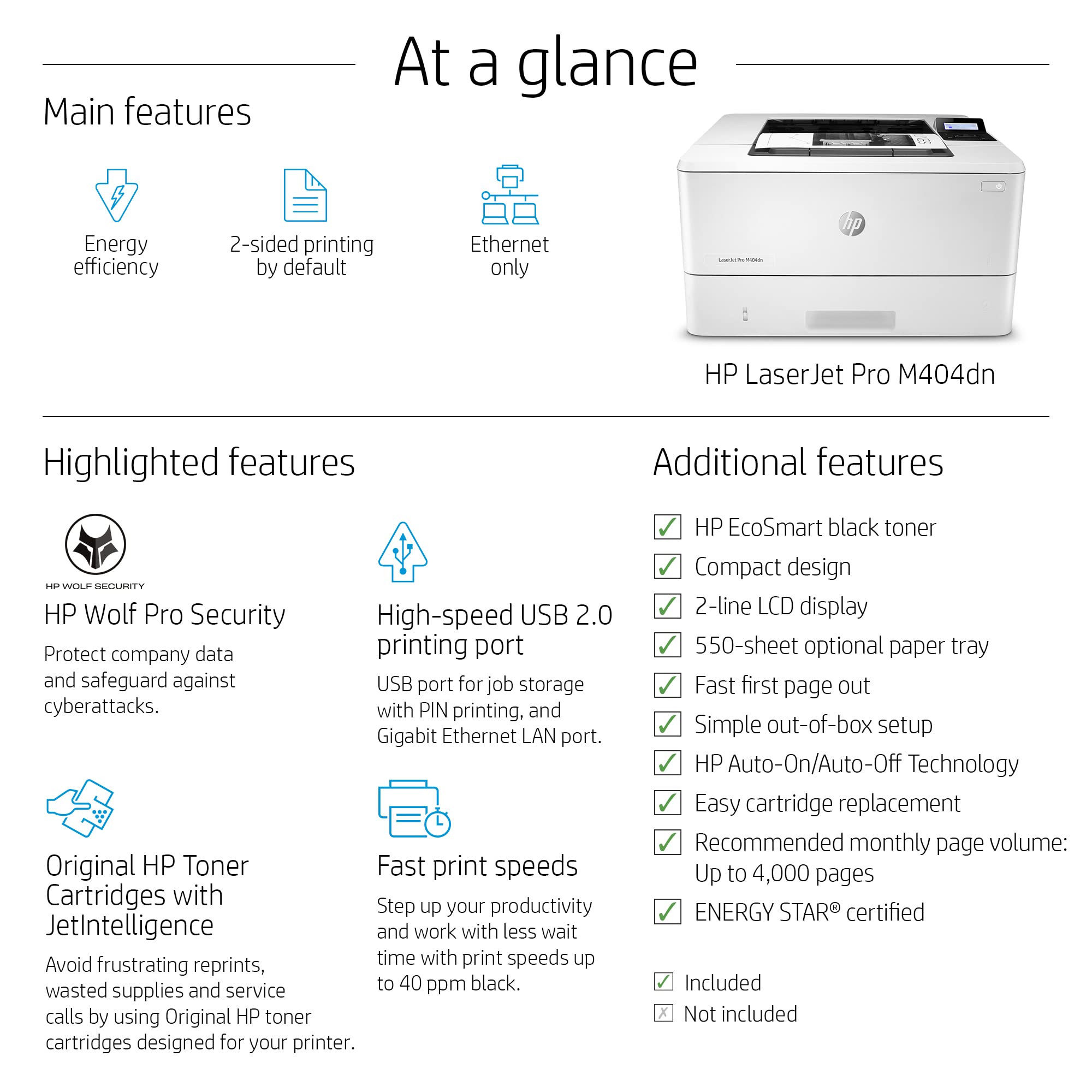 Broage NewHP Jet-Laser Pro M404dn Single-Function Wired Monochrome Laser Printer, Green - Print only - Ethernet only, 40 ppm, 1200 x 1200 dpi, 256MB RAM, Auto Duplex Printing, 8.5 x 14, 2-line LCD