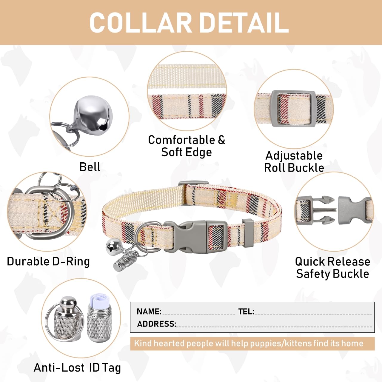 GAMUDA Dog Harness Collar and Leash Set, Dog Harness, No Chock No Pull Adjustable Vest Harnesses Plaid Reflective for Medium Dog, Cat, Small Horse, Small Bull and Pig (Beige, S)