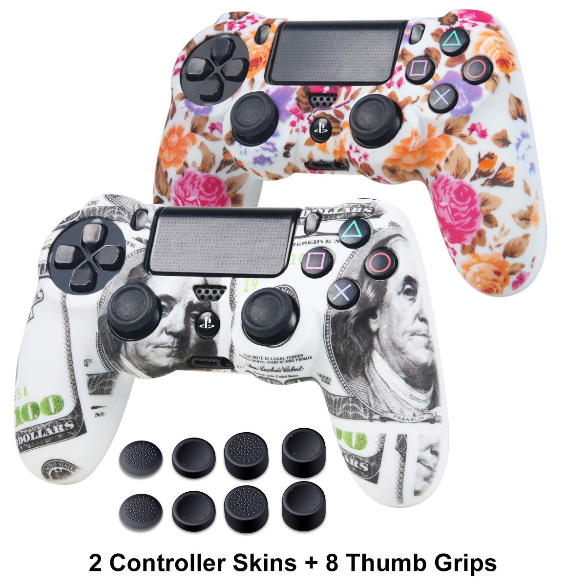 PS4 Controller Skins - Silicone Cover Skin for Dualshock 4 controller with PS4 Thumb Grips x 8 - Water Transfer Printing Silicone Protector Case Set for PS4, PS4 Slim, PS4 Pro