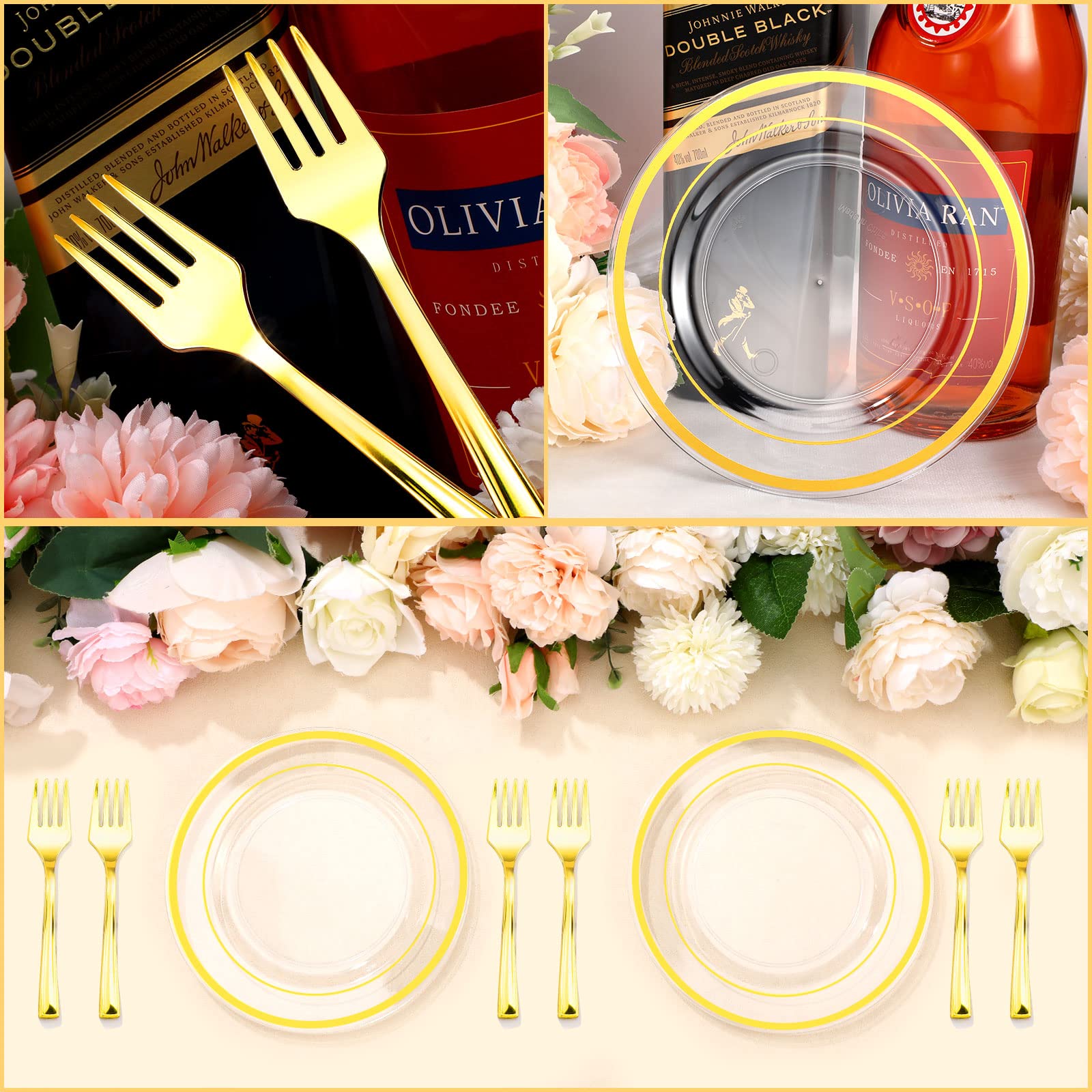 Eccliy 200 Pieces Gold Plastic Dessert Plate Sets 100 Clear Disposable Cake Plate 6 Inch and 100 Fork 5 Inch Gold Rim Round Salad Appetizer Plate Folk Set for Buffet Hotel Birthday Wedding Party