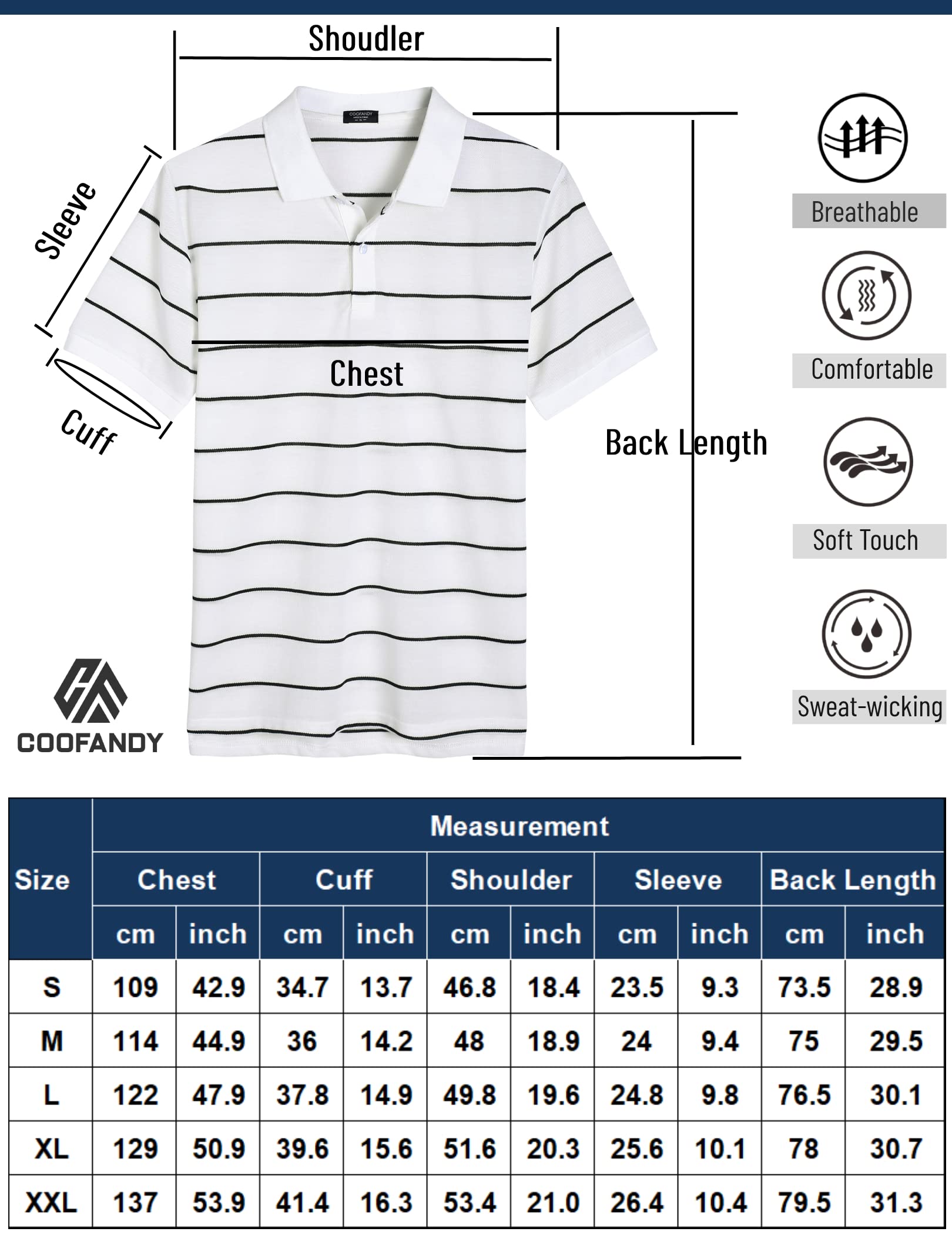 COOFANDY Men's Short Sleeve Polo Shirts Classic Fit Casual Lightweight Striped Golf Polo T Shirts