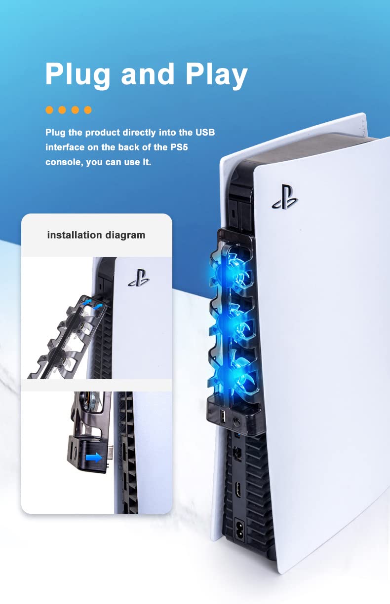 Cooling Fan for PS5, External USB 3 Cooling Fans, Cool Down Game Console Quickly, with 3 Cooling Fans, LED Fan Light and USB Port for PS5 Digital Edition&Disc Edition Console