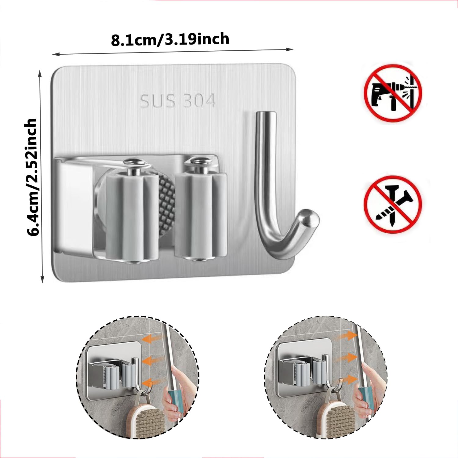 Daewiutr 6Pcs Broom Holder Wall Mount, Self Adhesive Anti-Slip Adhesive Hook Broom Holder Wall Mount, Stainless Steel Broom Storage Holder for Bathroom, Kitchen, Office, Garden, Garage