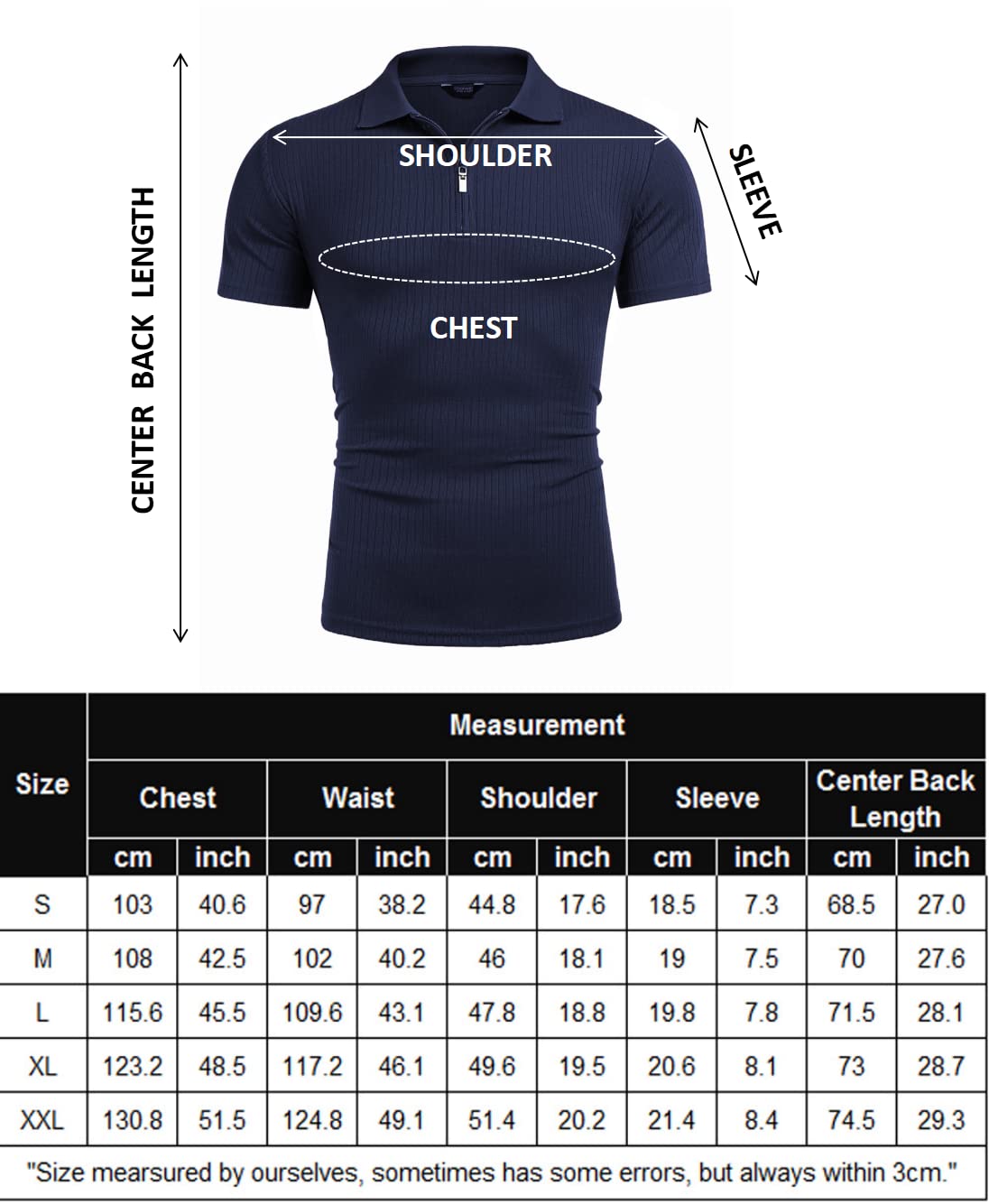 COOFANDY Men's Short Sleeve Slim Fit Polo Shirts 1/4 Zip T Shirts Bodybuilding Workout Tees Navy Blue