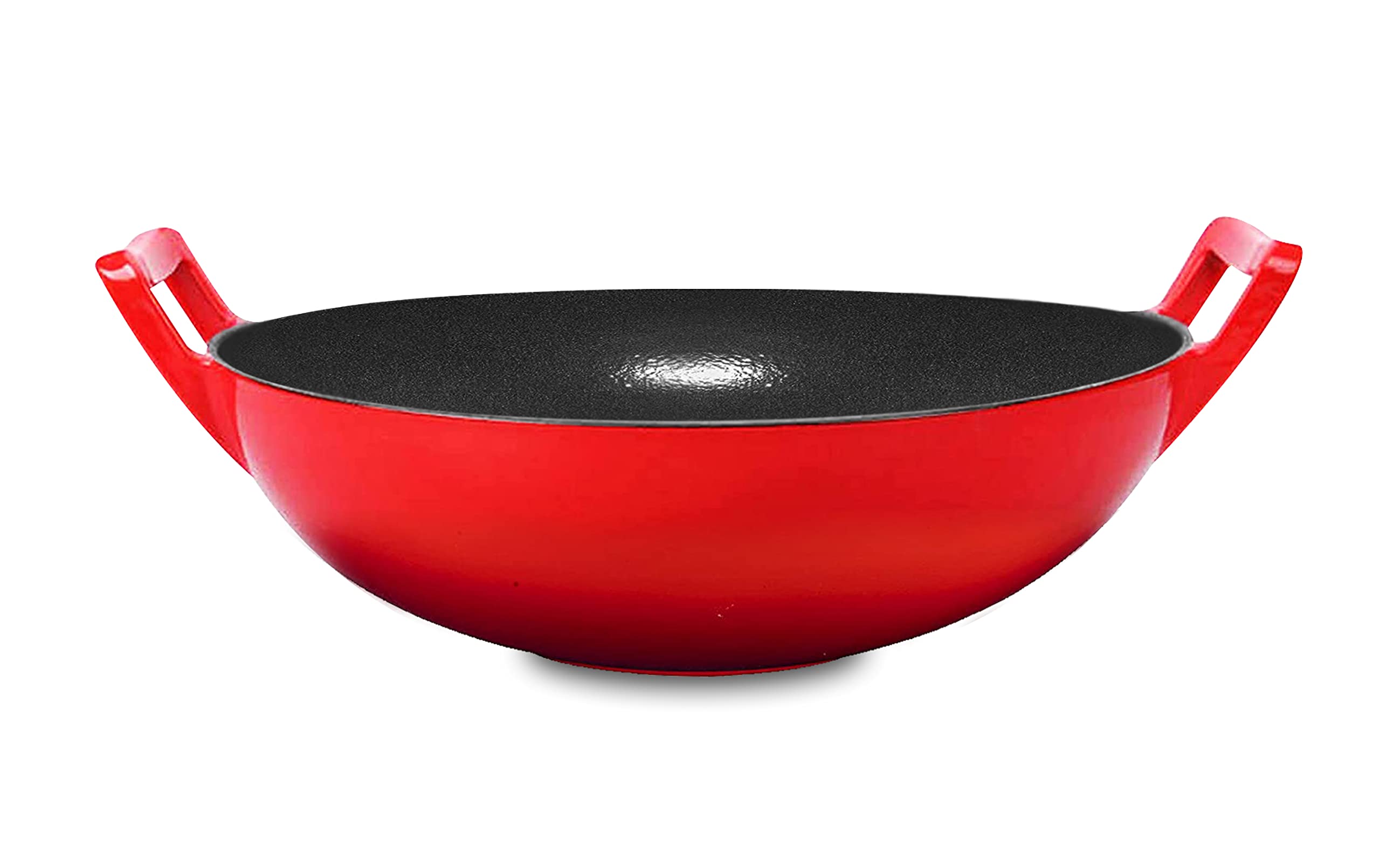 Bruntmor 14 Inch Enameled Cast Iron Wok/Pot. 14" Nonstick Enamel Skillet Pan With Large Loop Handles & Flat Base. Cookingware For Kitchen/Indoor/Outdoor Camping. (Red)