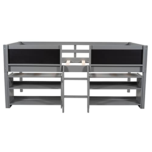 Low Loft Beds with 2 Movable Shelves Twin Loft Bed Frame with Chalkboard Modern Farmhouse Junior Bed for Kids Boys Girls, Gray