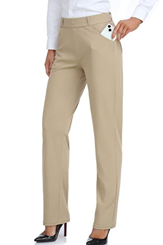 Oalka Women's Dress Pants Straight Leg Yoga Work Stretchy Pant for Office Business Khaki Brown Short L