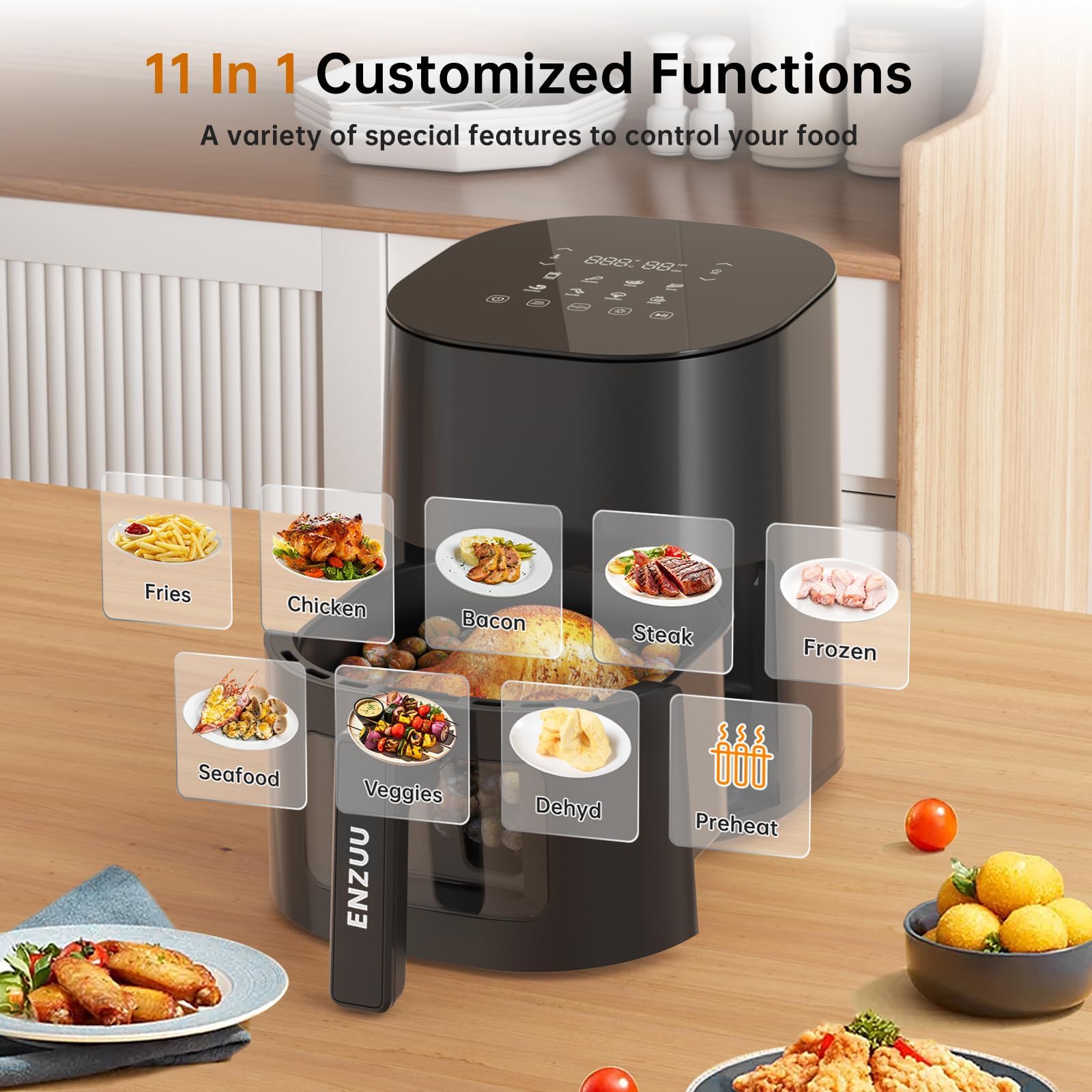 ENZUU Air Fryer,π° π€π Airfryer,Compact Air Fryers with Easy View Window,11-in-1 Functionality, 450β Max Crisp,Nonstick Basket, Dishwasher Safe,Shake Reminder,Cookbook Included,Fit for 1-3 People