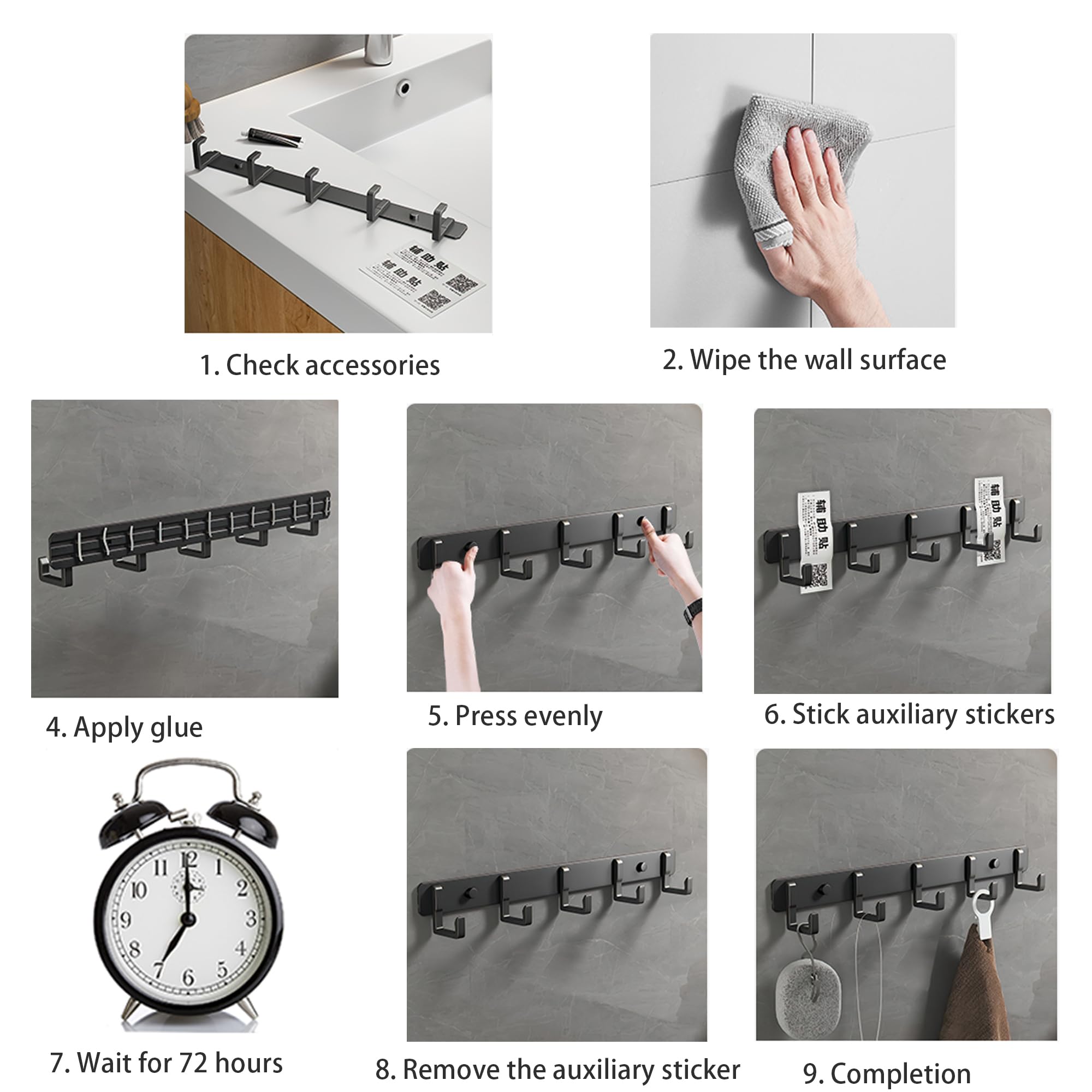 Geobella Wall mountde Coat Rack(2-Pack) 6 Hanging Hooks Entryway Bedroom Bathroom Kitchen for Coat Hooks,Glue Installation Does Not Require Drilling