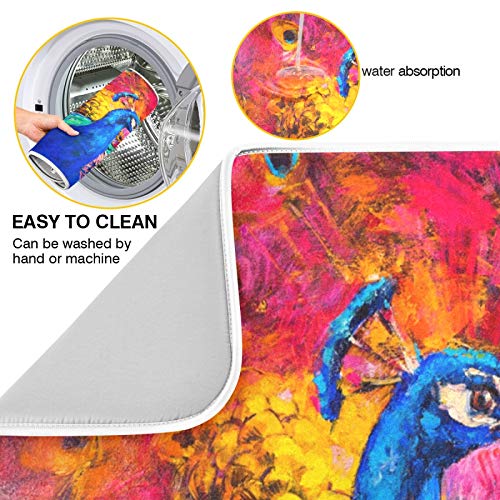 Painting Animal Beautiful Peacock Dish Drying Mat 24"x18" Absorbent Machine Washable Hanging Fast Dry Pad Dish Protective Mat for Kitchen Countertop Heat Resistant Dinner Table Mat