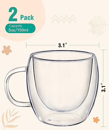OYY 5oz Glass Coffee Mugs Set of 2, Double Wall clear Coffee Cup with Handle, Expresso Coffee glass mugs with Spoons, Insulated Coffee Glass Suit for Espresso Machine, Latte, Beverage, Tea, cappuccino