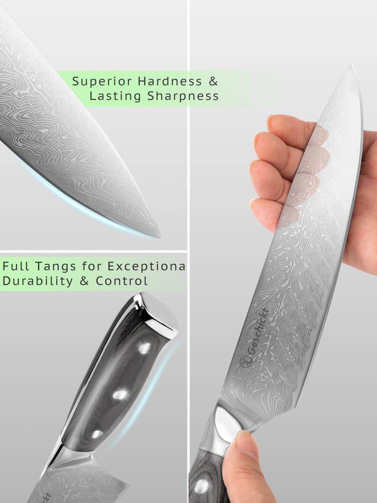 Geschickt Chef knife, Kitchen Knife 8'' with Improved Thicker Handle for Comfort & Balance, Razor Sharp Forged Full Tang Knife, High Carbon Stainless Steel, Ergonomic Design, Grey