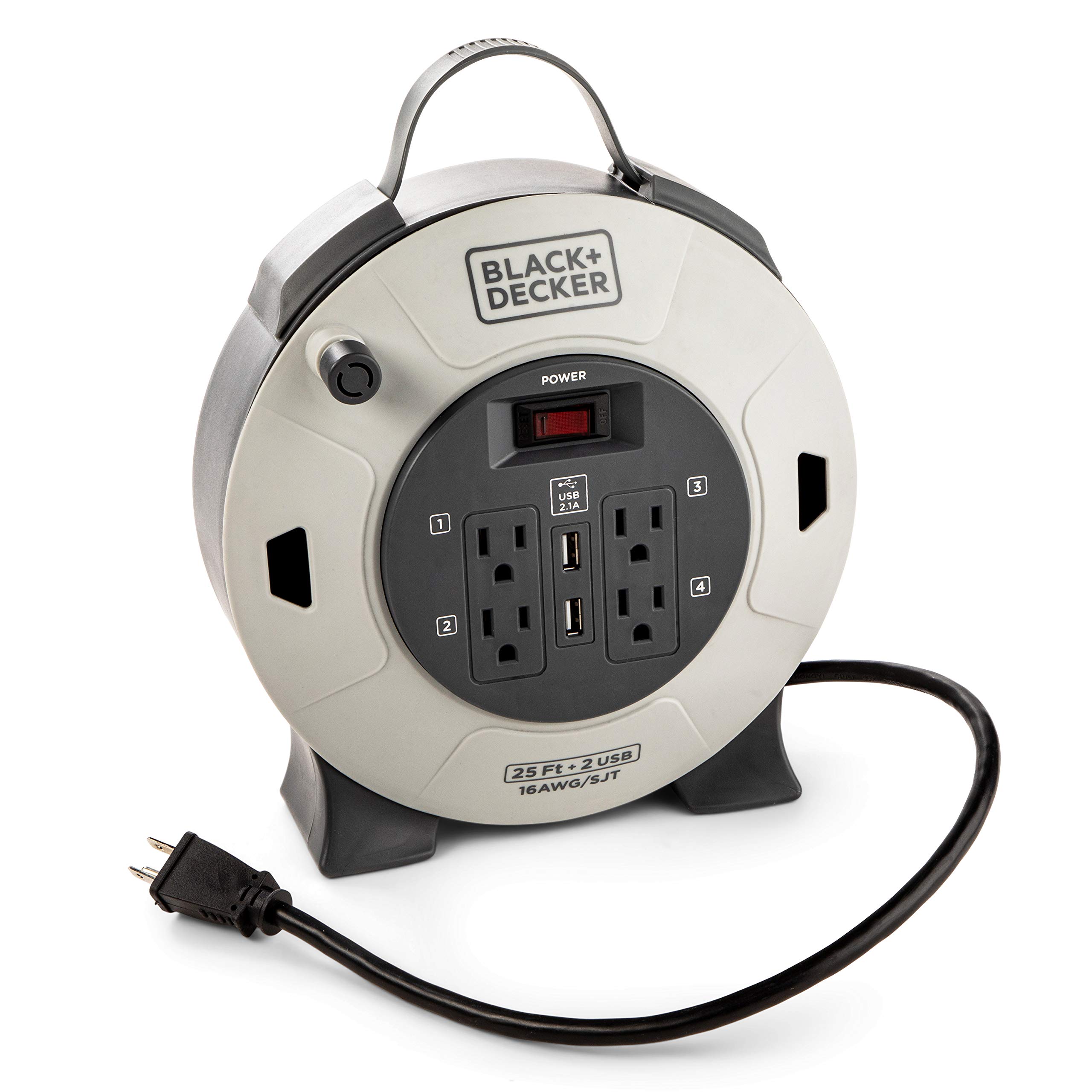 BLACK+DECKER Retractable Extension Cord Reel 20 Ft. With 4 Outlets, Multi-Plug Extension, Thermal Breaker Reset Button & Heavy-Duty 16AWG SJT Cable