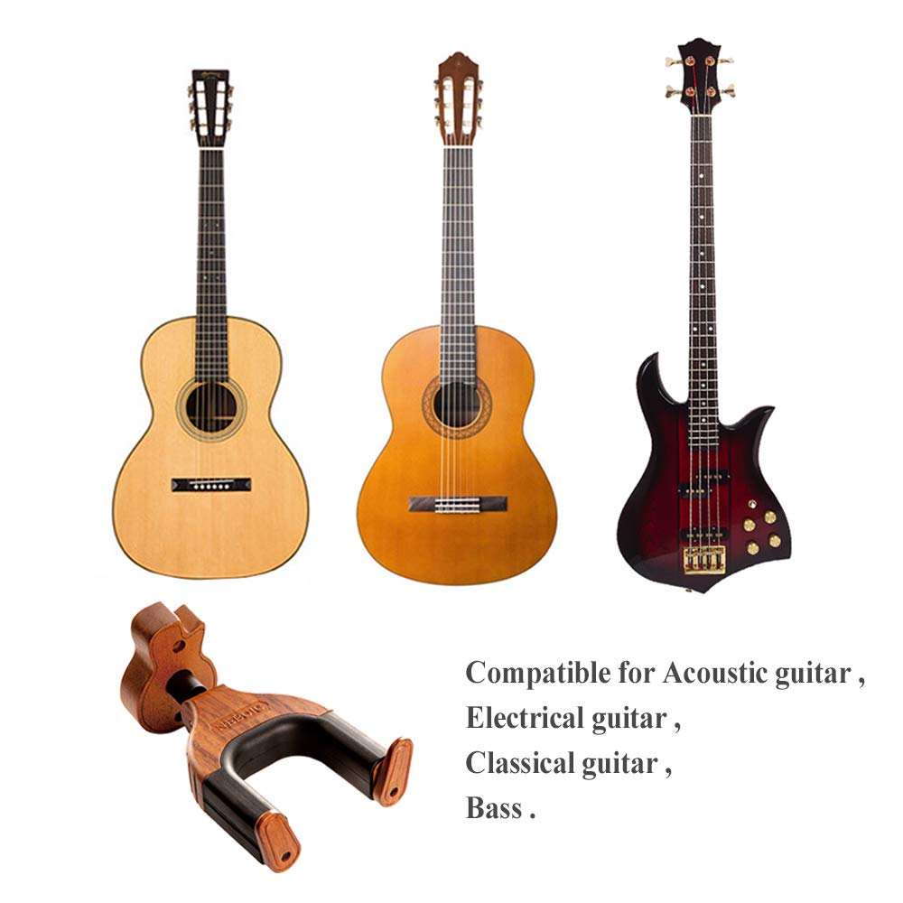 Neboic Guitar Wall Mount, Auto Lock Guitar Wall Hanger, Hard Wood Base in Guitar Shape Guitar Hook, Guitar Holder for Acoustic, Electric, Classical, Bass Guitars, Guitar Accessories