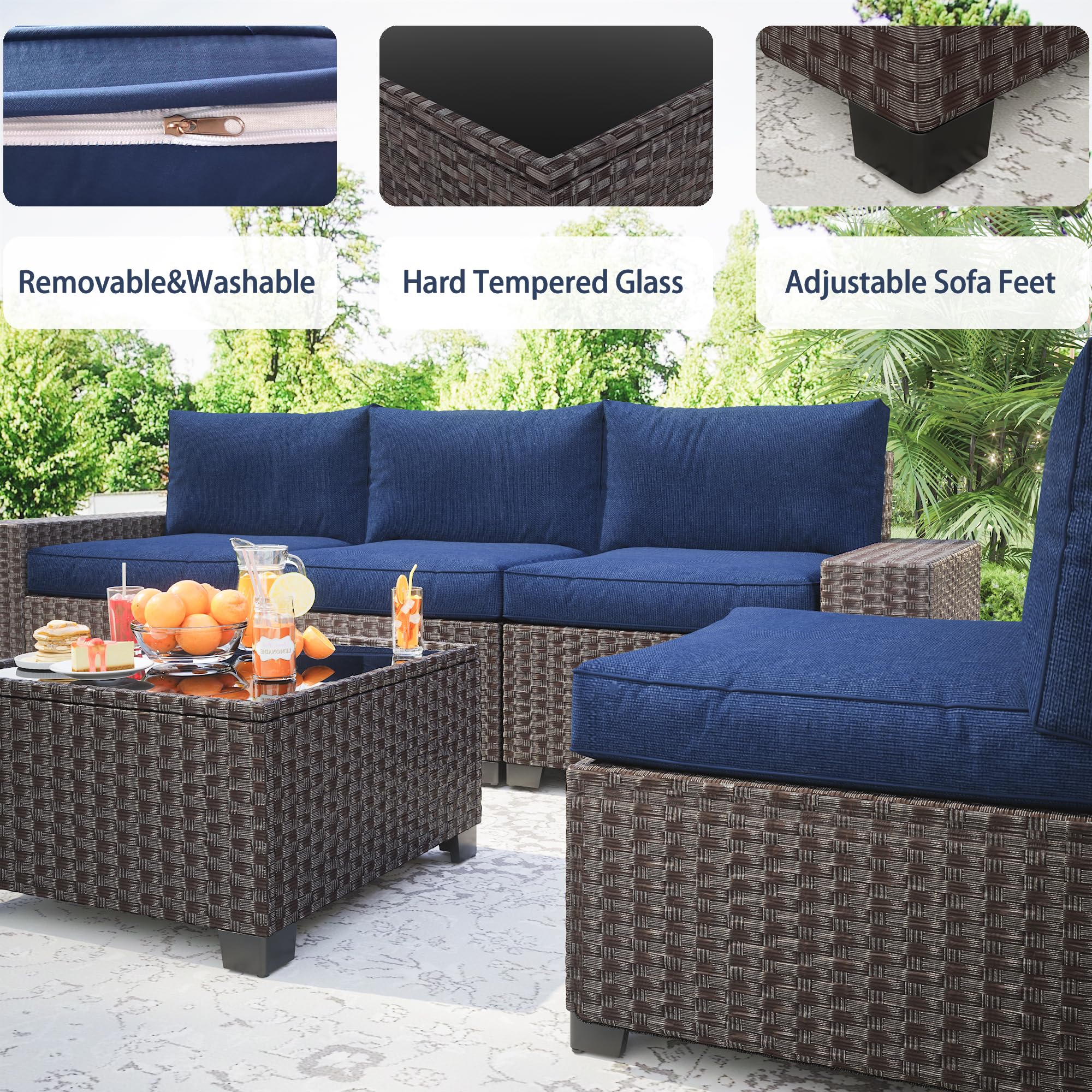 GAOMON 6 Pieces Outdoor Patio Furniture Set, Wicker Patio Conversation Set Sectional Sofa, Brown Patio Sofa with 5 Navy Blue Seat Cushions and 1 Glass Coffee Table