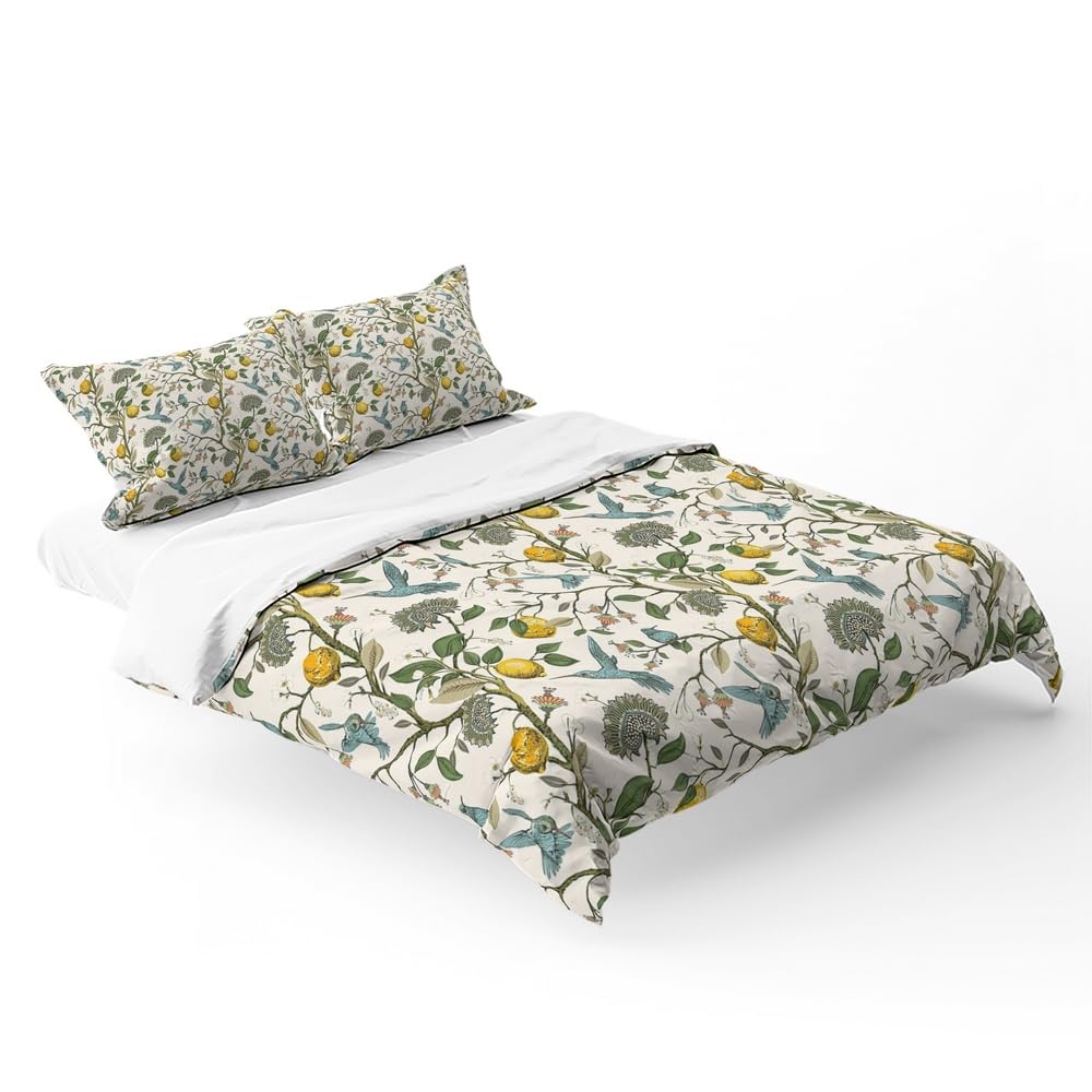 FADALO Lemon Tree Floral Bird Print Comforter Set,Blue/Yellow/Green Botanical Bedding Set Vintage Farmhouse Duvet Cover-3PCS,Soft Lightweight All Season for Bedding,Twin Comforter with 2 Pillowcases