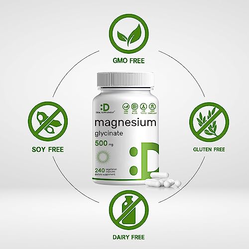 Magnesium Glycinate 500mg, 240 Veggie Capsules | Chelated for Easy Absorption | Highly Purified Essential Trace Mineral for Muscle, Joint, Heart, & Digestive Health