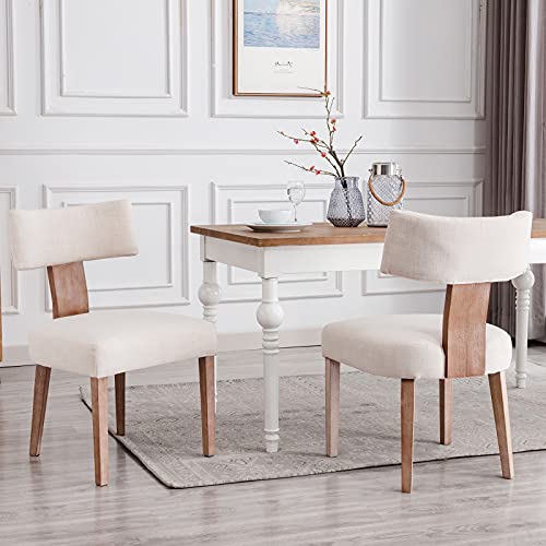 HNY Mid Century Modern Dining Chairs Set of 6, Farmhouse Linen Fabric Upholstered Accent Chairs Curved Backrest Kitchen Chairs, with Hardwood Frame, Beige, Linen-beige
