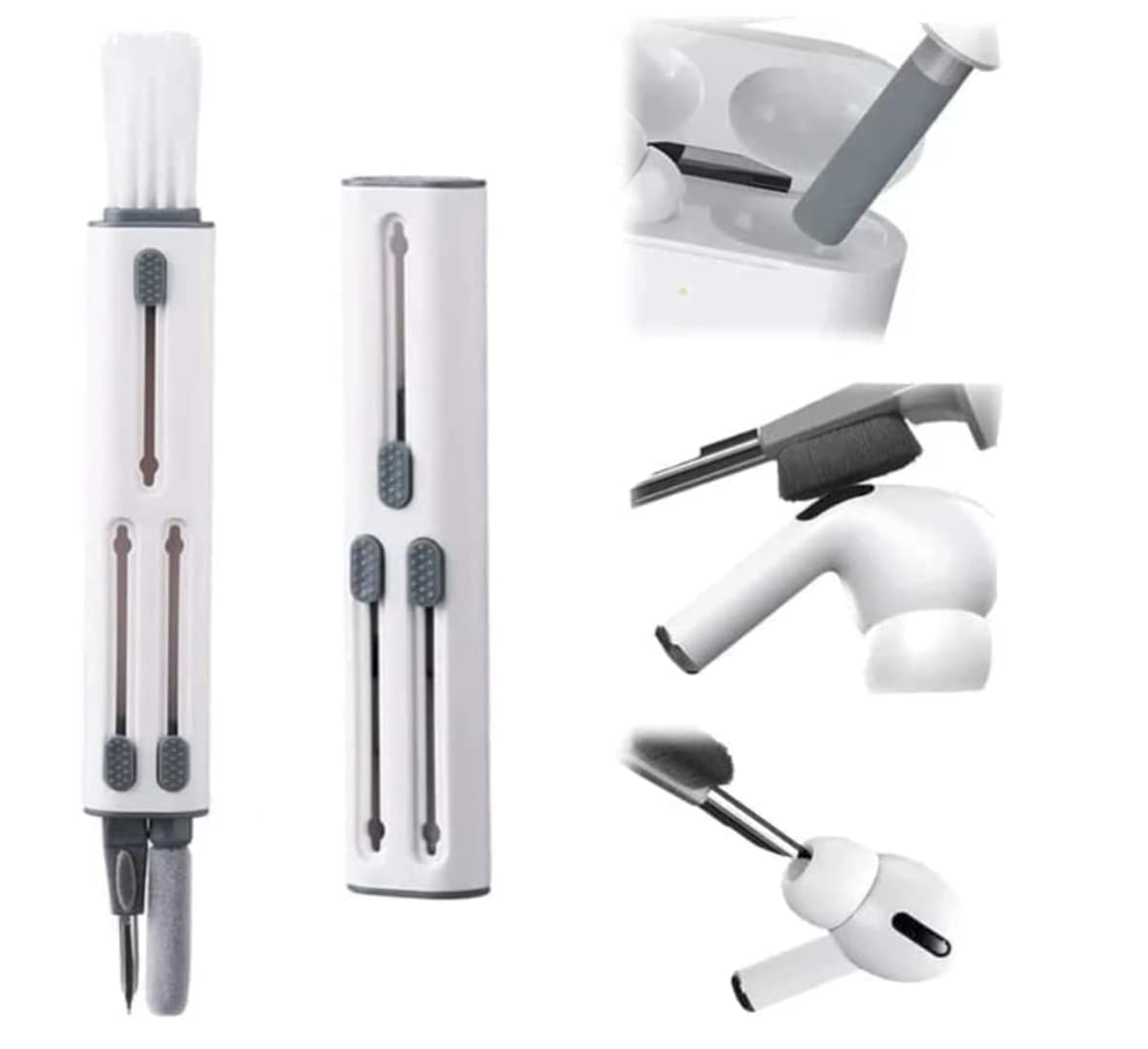 Cleaner Kit for Airpods 4 in 1 Multi-Function Airpods Cleaning kit with Soft Brush Keyboard Cleaner Flocking Sponge for Bluetooth Earphones Cleaning Pen for Mobile Phone Headphones (White and Gray)
