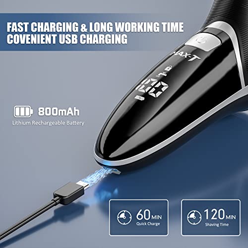 MAX-T Men's Electric Shaver - Corded and Cordless Rechargeable 3D Rotary Shaver Razor for Men with Pop-up Sideburn Trimmer Wet and Dry Painless 100-240V Black