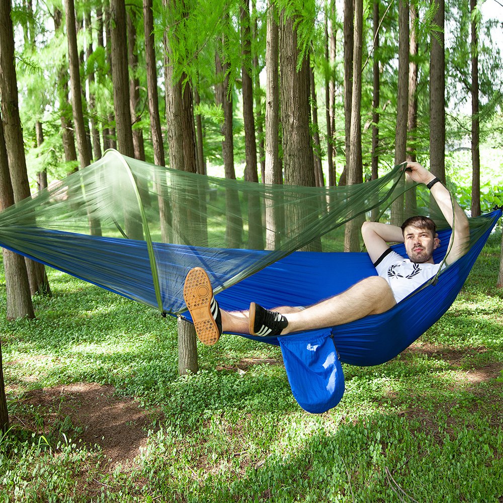 Camping Hammock with Mosquito Bug Netting,Parachute Nylon Hanging Swing Hammock for Backpacking, Survival, Travel & More(Single & Double)- Blue