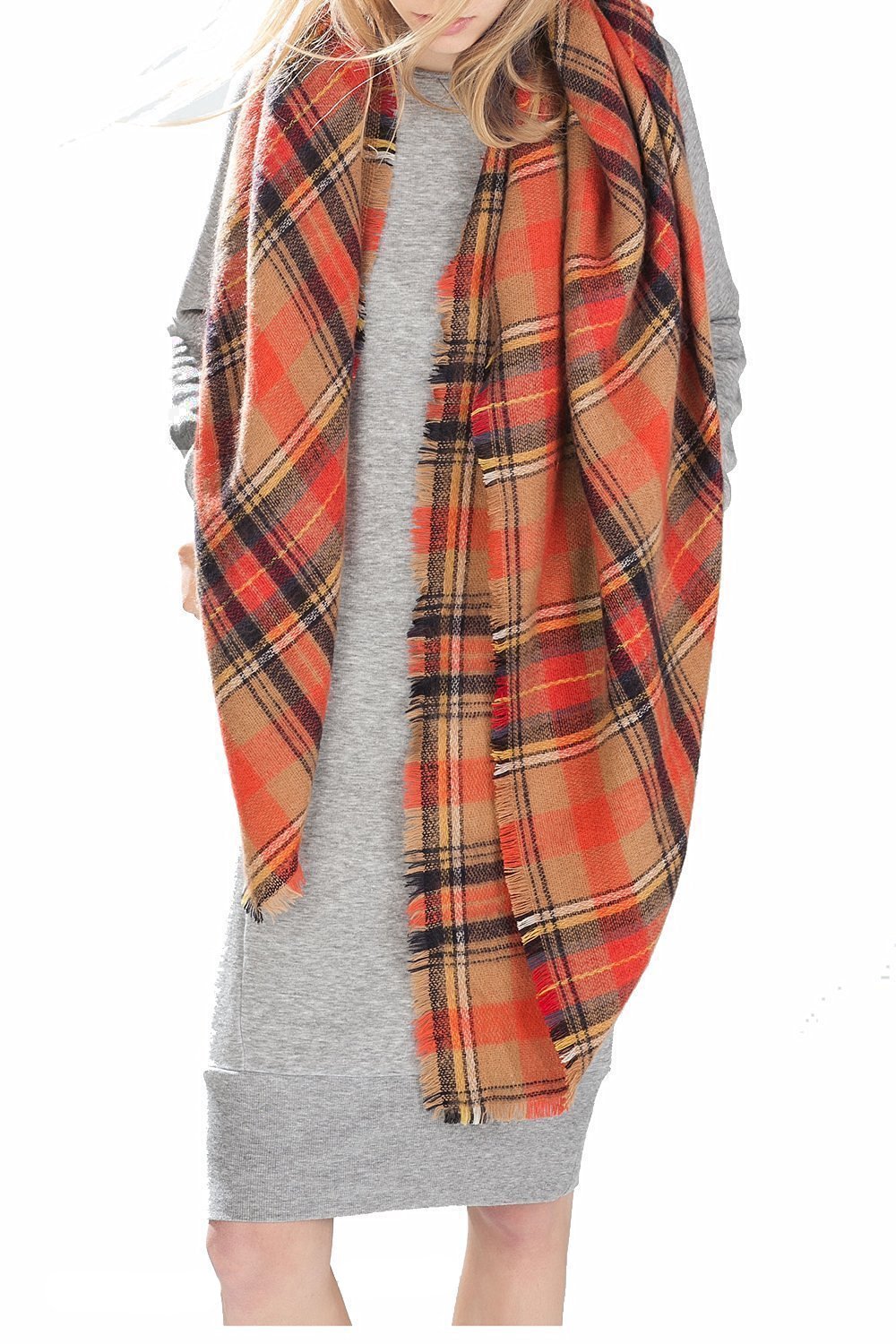 Century Star Women's Stylish Warm Tassels Soft Plaid Tartan Scarf Winter Large Blanket Wrap Shawl Beauty Orange