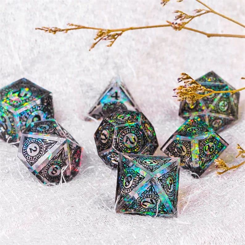 Clear Ancient Rune Wizard Sharp DND Dice Set with Leather Dice Box | for Dungeons and Dragons, D&D, Sharp Edge, D20 Polyhedral Resin Dice, Dungeons and Dragons Gifts, Accessories