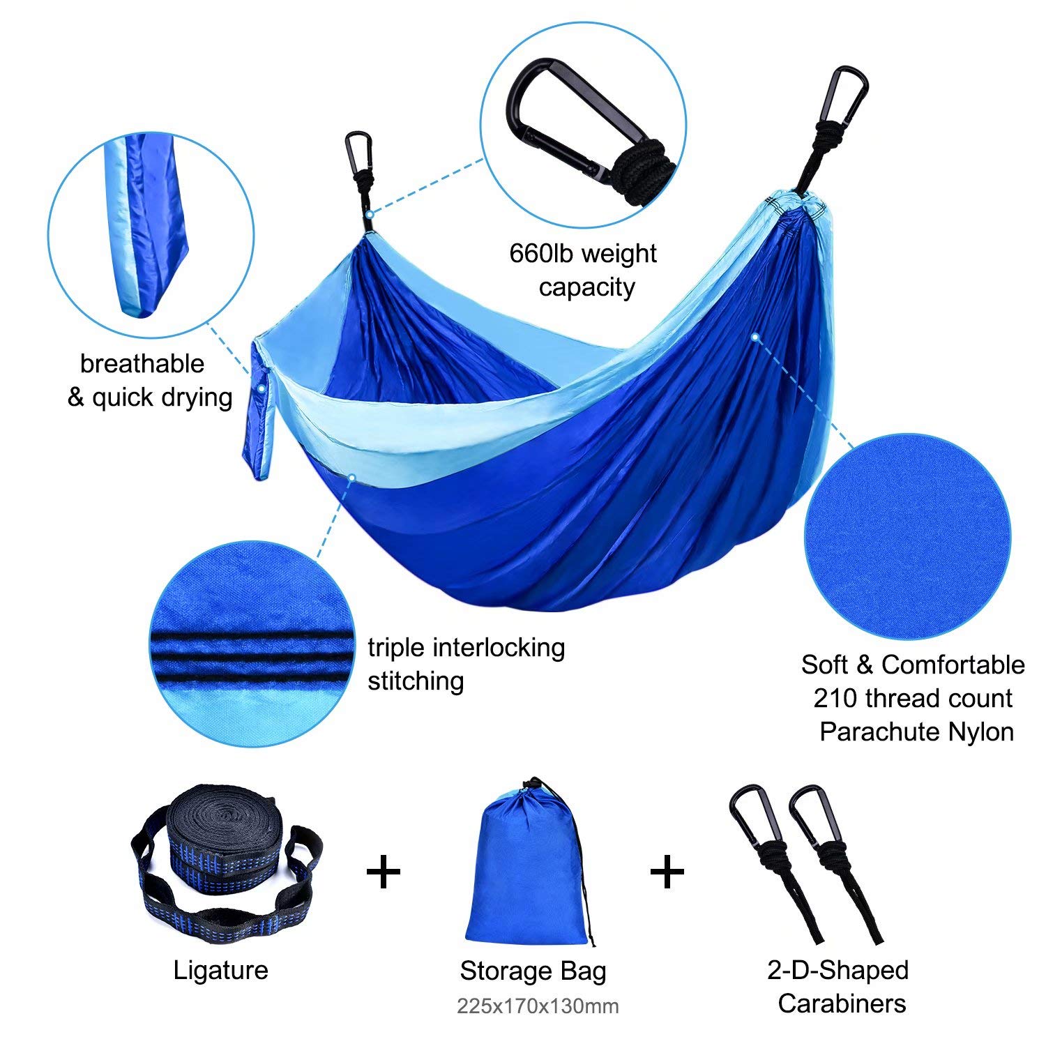 Camping Hammock Double, 660 lb Load Heavy Duty Portable Hammock Nylon Parachute Hammock for Indoor Outdoor Backpacking, Camping, Travelling, Beach, Backyard ,Portable(2 Tree Straps) Gray & Orange