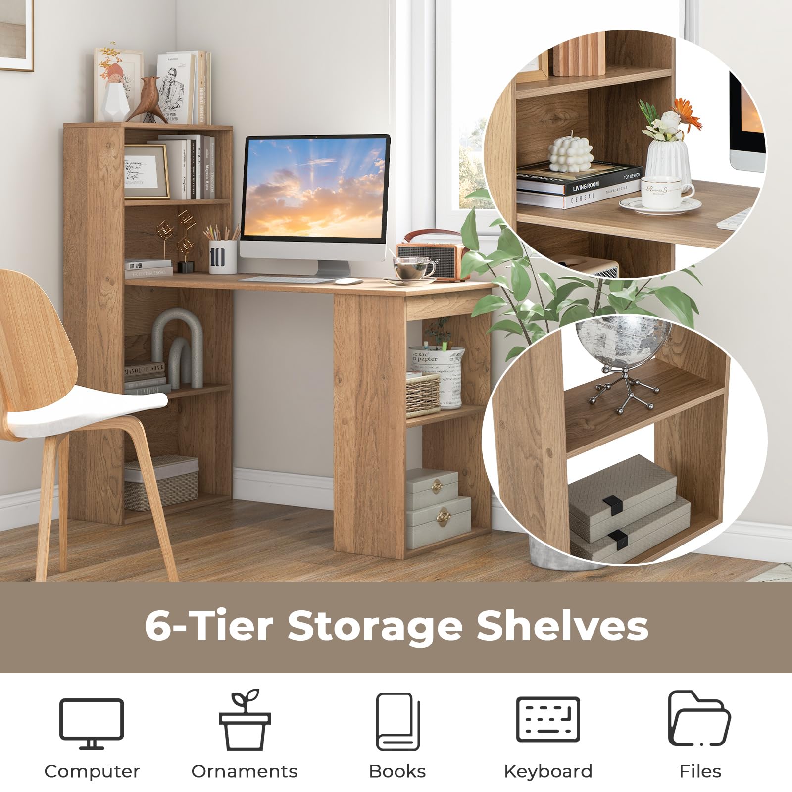 GRAFFY Computer Desk with Shelves, Natural