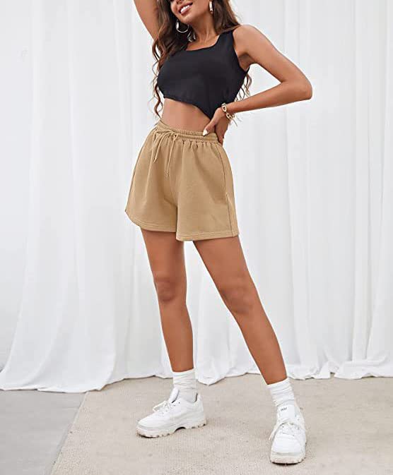 Disnxoo Women's Casual Drawstring Waist Sweat Shorts Summer Athletic Shorts Running Track Shorts (as1, Alpha, x_l, Regular, Regular, Khaki, X-Large, Regular)