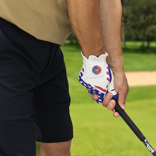 Copper Tech Plus Men's Golf Gloves Right Hand - USA Flag Golf Glove with Ball Marker - Perfect for Summer Golfing - 100% AAA Tacky Synthetic Leather Only (Hand Orientation: Right, X-Large)