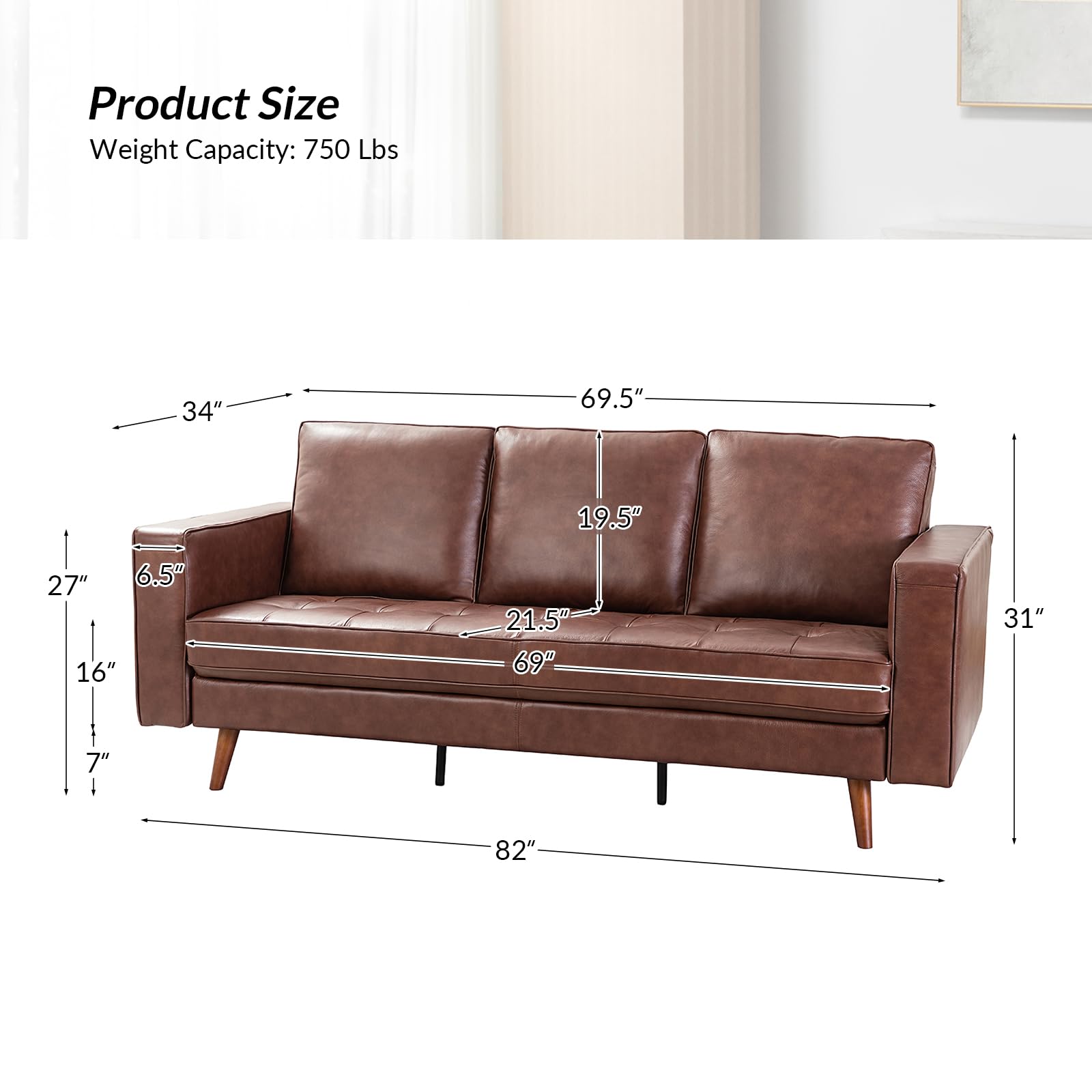 HULALA HOME 82" W Genuine Leather Sofa for Living Room, Contemporary Sofa 3 Seater Sofa ,Tufted Leather Couch with Solid Wood Legs,Navy