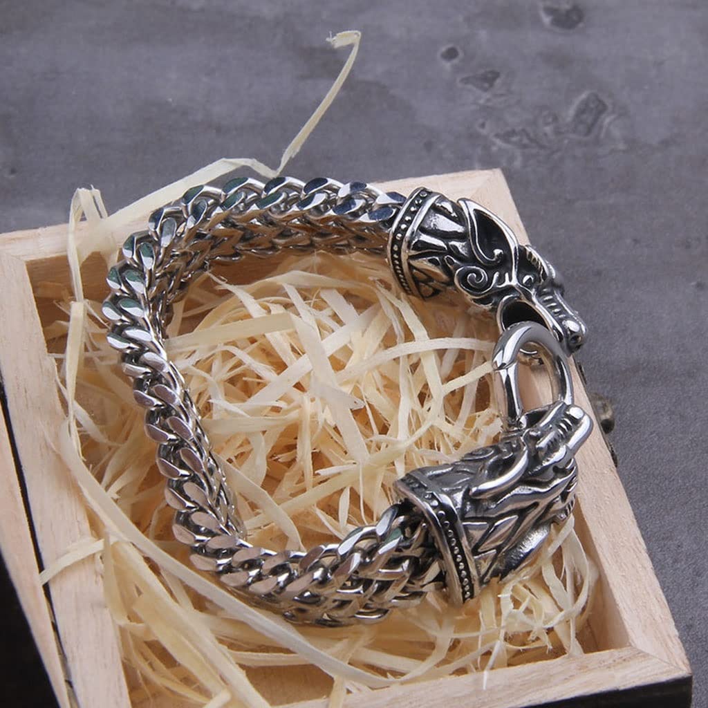 DUSALA Viking Wolf Head Bracelet, Heavy Stainless Steel Chain, Norse Scandinavian Jewelry (Color : Silver, Size : 23CM)