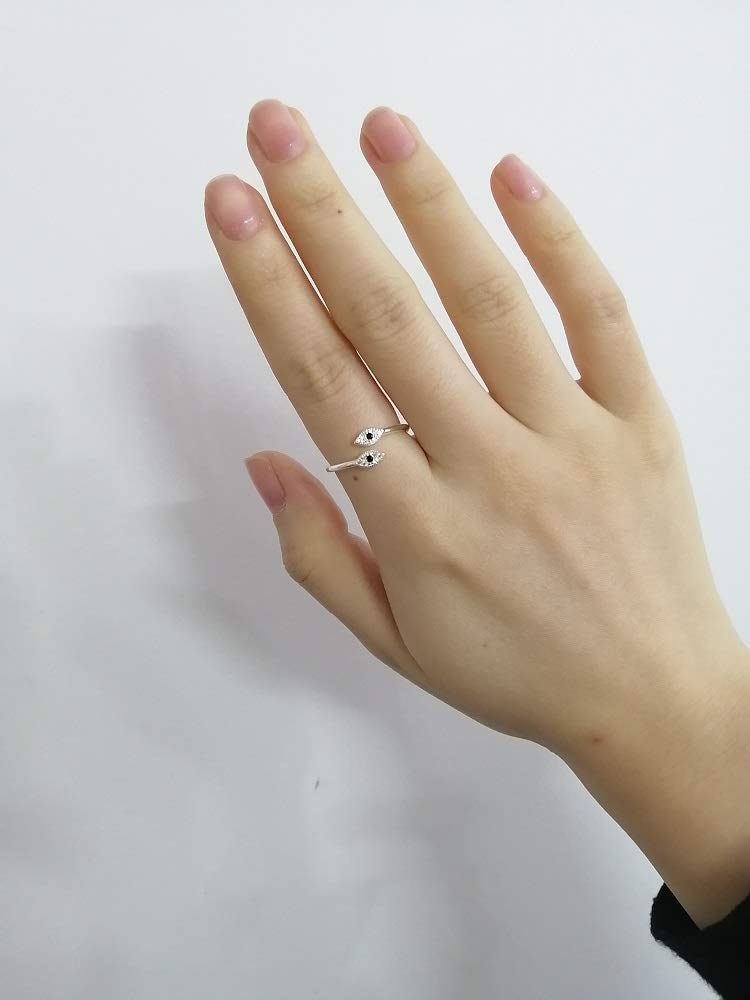 Black Evil Eyes Thin Line Sterling Silver Asymmetric Small Wrap Open Rings for Women Adjustable CZ Engagement Promise Statement Dainty Crystal Knuckle Finger Rings Her Sister