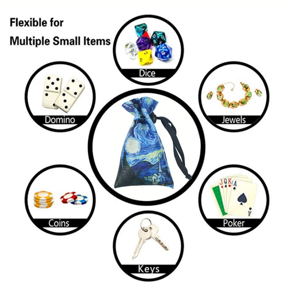 QIELIZI DND Dice Bag Pouch,PU Leather Dragon Dice Pouch Wih 7 Die Set Perfect for Dungeons and Dragons RPG D&D Dices, Coins and Accessories(Starry Sky)