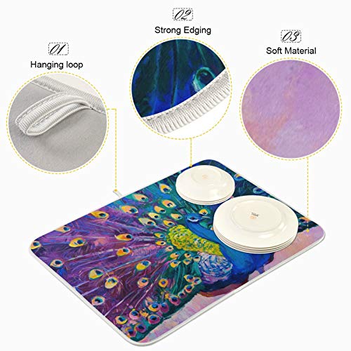 Painting Beautiful Peacock Animal Dish Drying Mat 24"x18" Absorbent Machine Washable Hanging Fast Dry Pad Dish Protective Mat for Kitchen Countertop Heat Resistant Dinner Table Mat