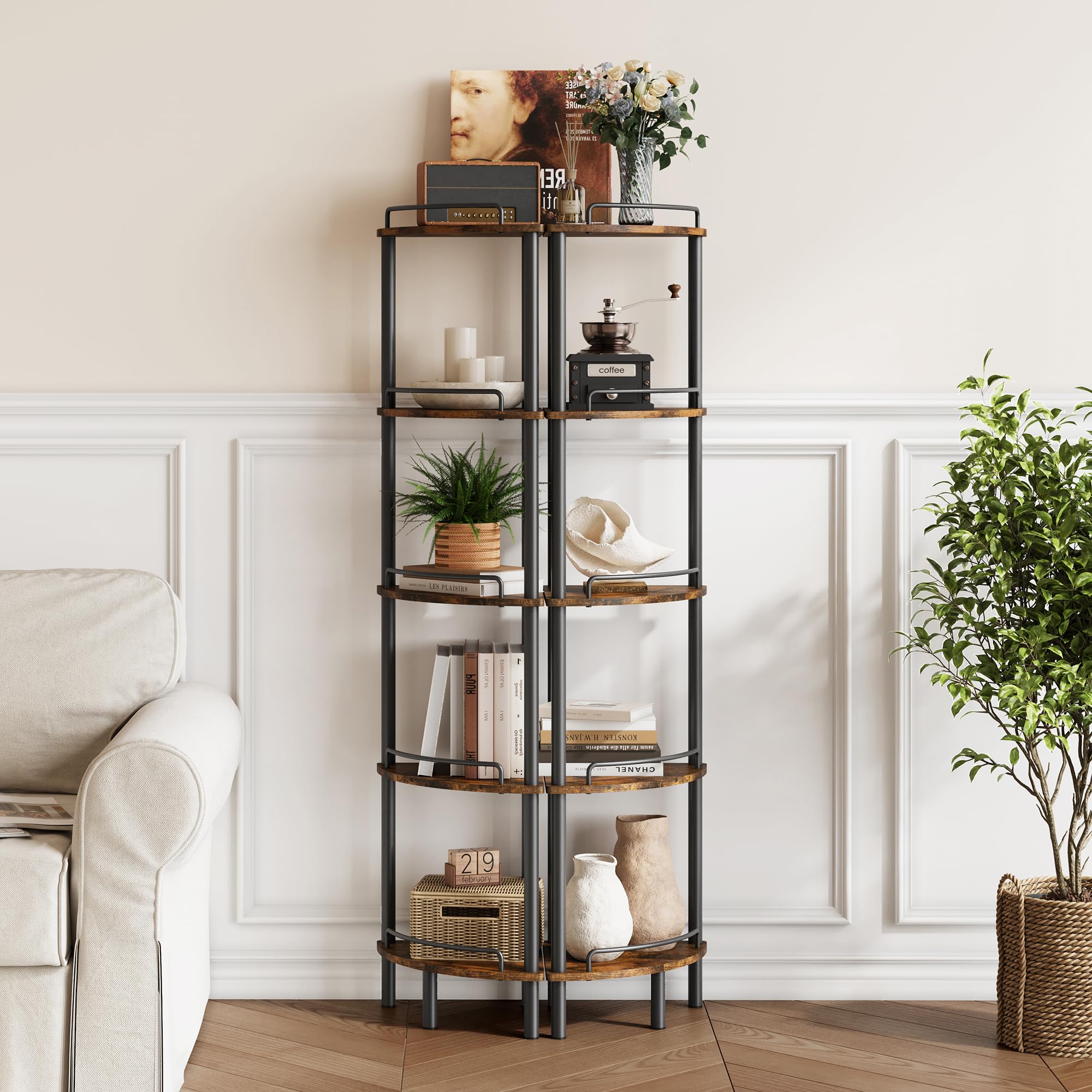 Gewudraw Corner Shelf Stand, 5 Tier Corner Bookshelf with Guardrail, Tall Corner Bathroom Shelves Black Corner Shelving Unit for Bedroom, Bathroom, Small Space-Black