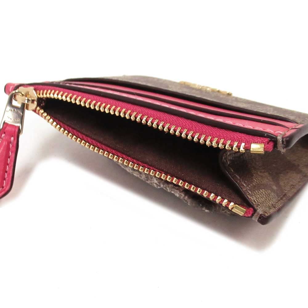 Coach Mini Skinny ID Key ring Coin Case Signature Wallet Khaki Strawberry Haze F88208