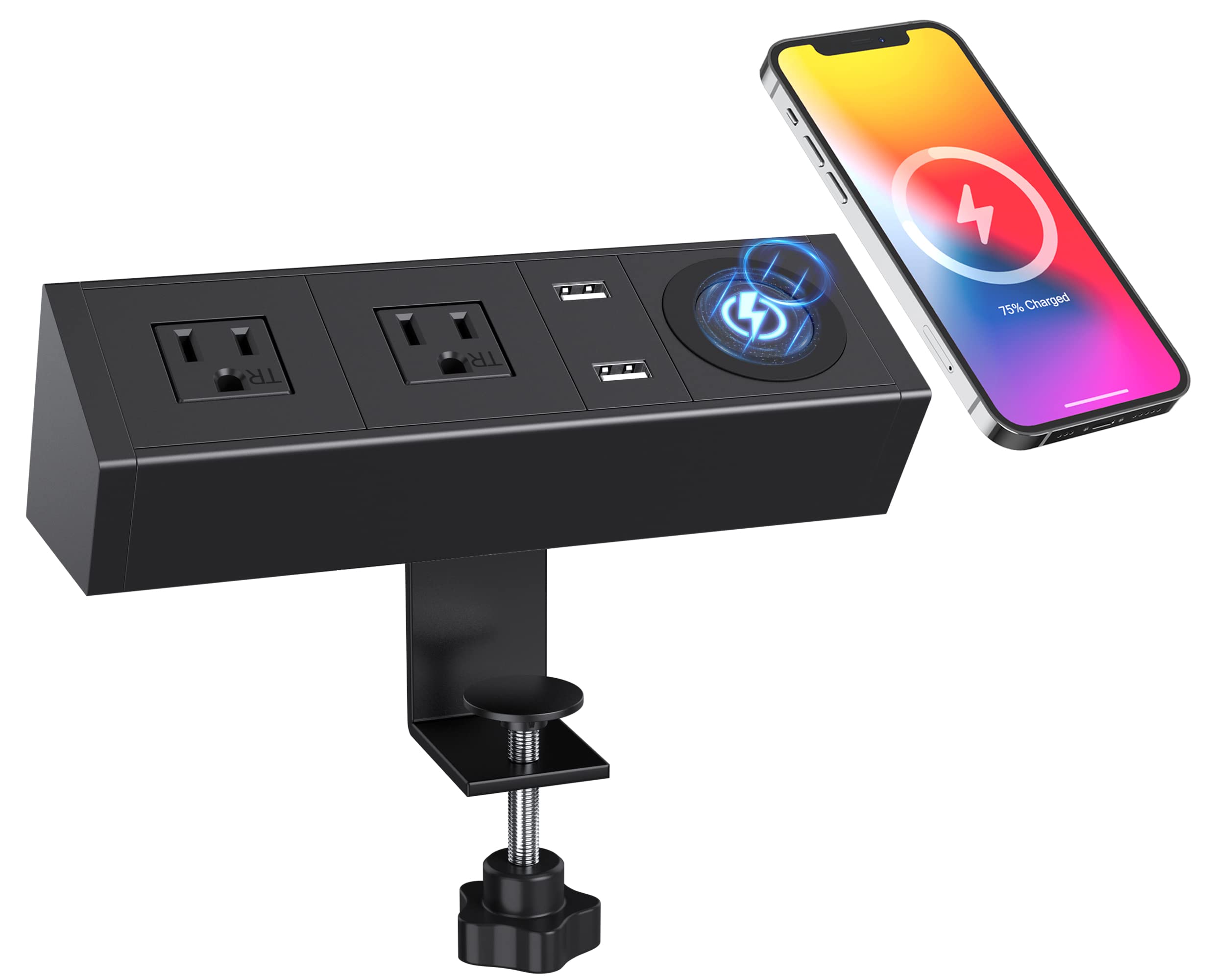 Desk Clamp Power Strip with Wireless Charger,Desk Mounted Power Strip with USB,900 Joules Surge Protector Desk Edge Power Strip,Desk Power Station with 2 Outlet and 2 USB Ports,6ft Cable