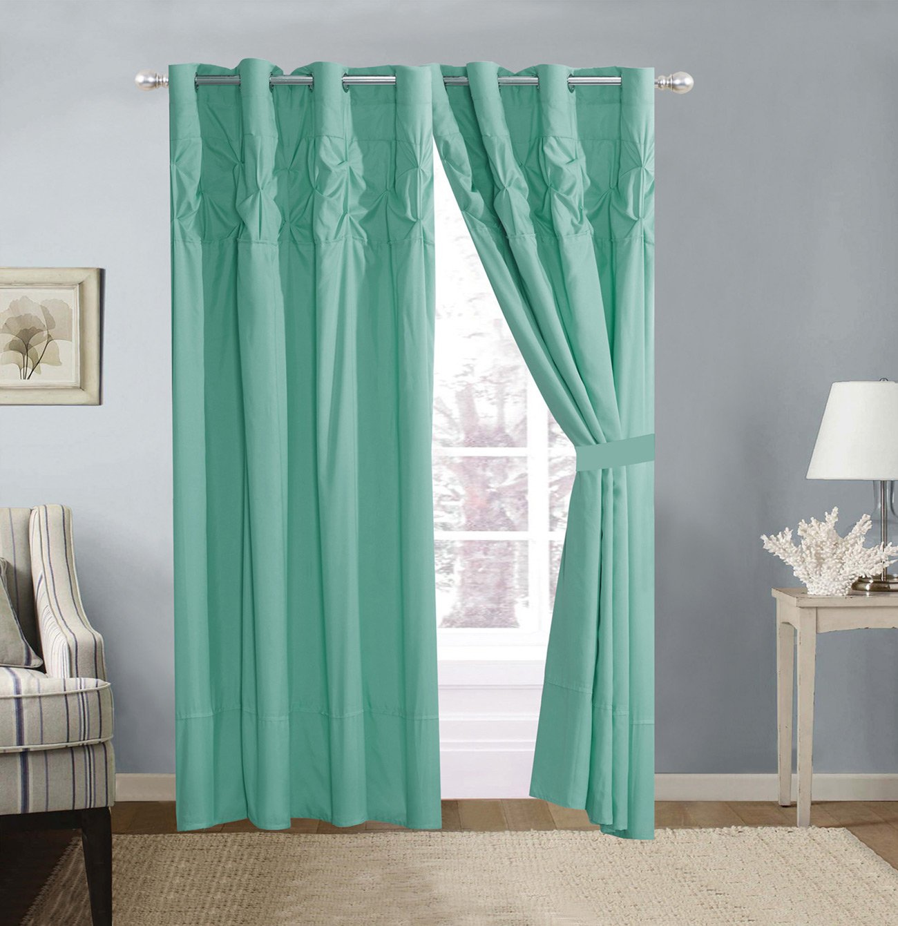 Grand Linen 3 Piece Queen Size Solid Turquoise Blue Double-Needle Stitch Puckered Pinch Pleat Stripe Duvet Cover Set