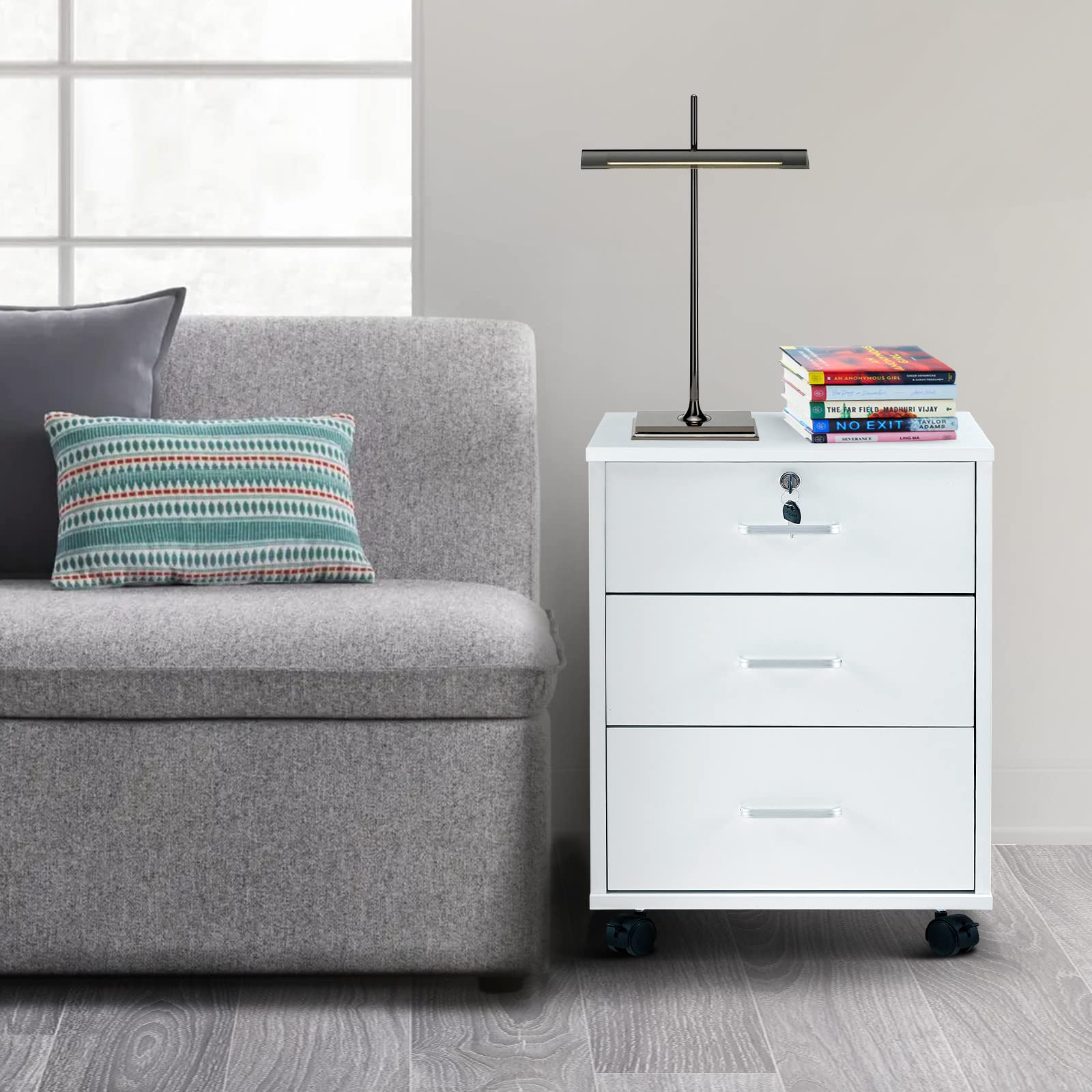 CLIPOP Mobile Office Cabinet with 3 Drawers(1 Lockable), Under Desk Rolling Vertical File Cabinet with 4 Wheels for Letter/Legal /A4 Size Documents, Wooden Storage Cabinet for Home Office (White)